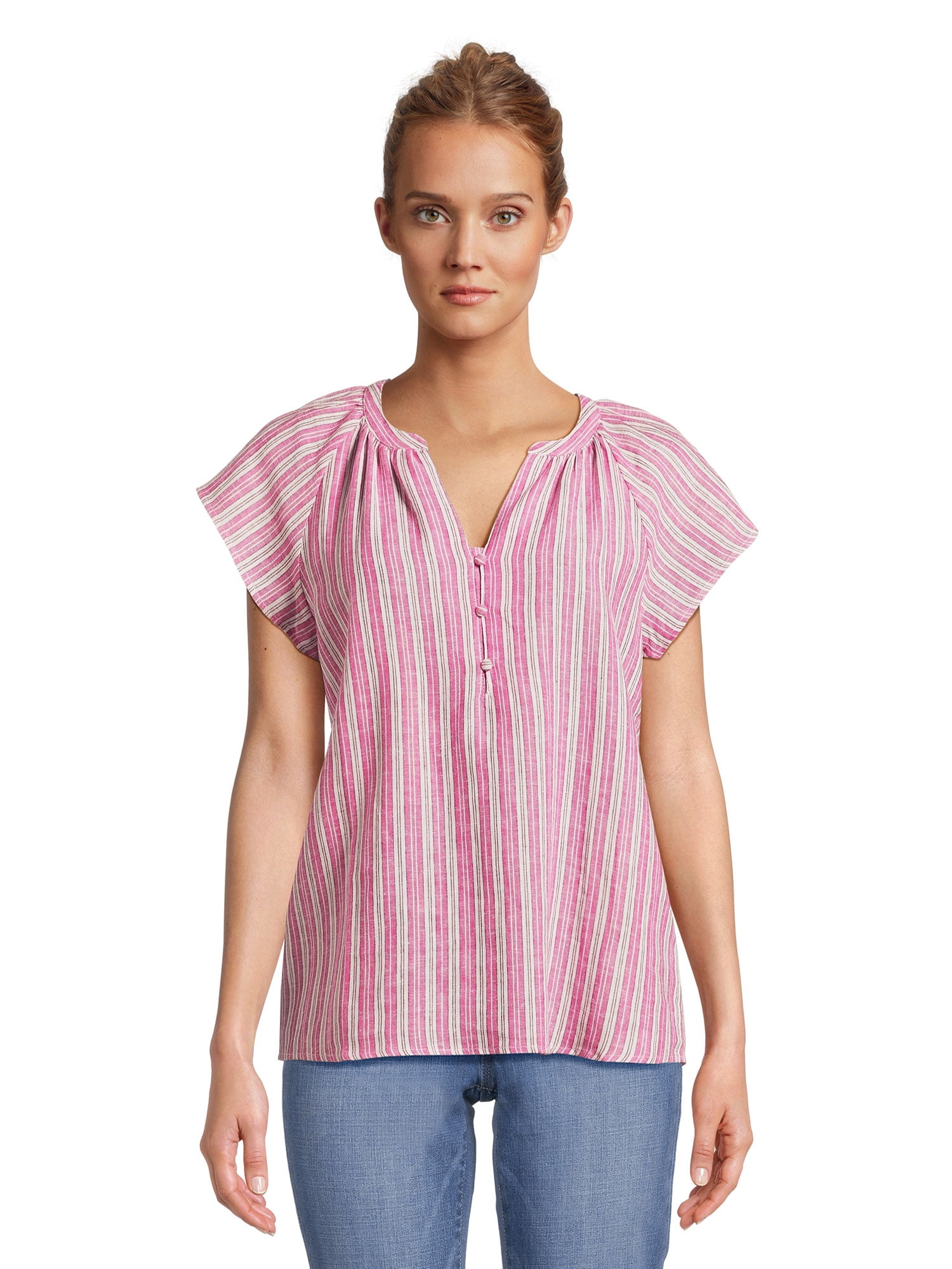 Time and Tru Women's Flutter Sleeve Popover Henley Button Front Top, XS ...