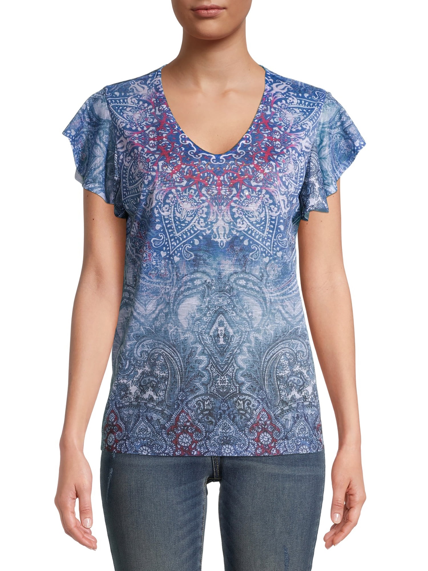 Time and Tru Women's Flutter Sleeve Sublimation Floral Top - Walmart.com