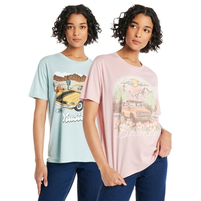 Time and Tru Women's Ford Bronco and Mustang Graphic Tees with Short Sleeves, 2-Pack, Sizes XS ...