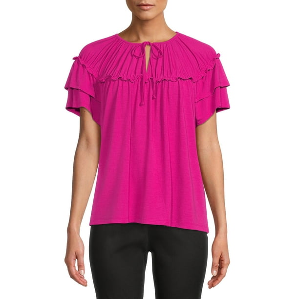 Time and Tru Women's Gathered Top with Flutter Sleeves - Walmart.com