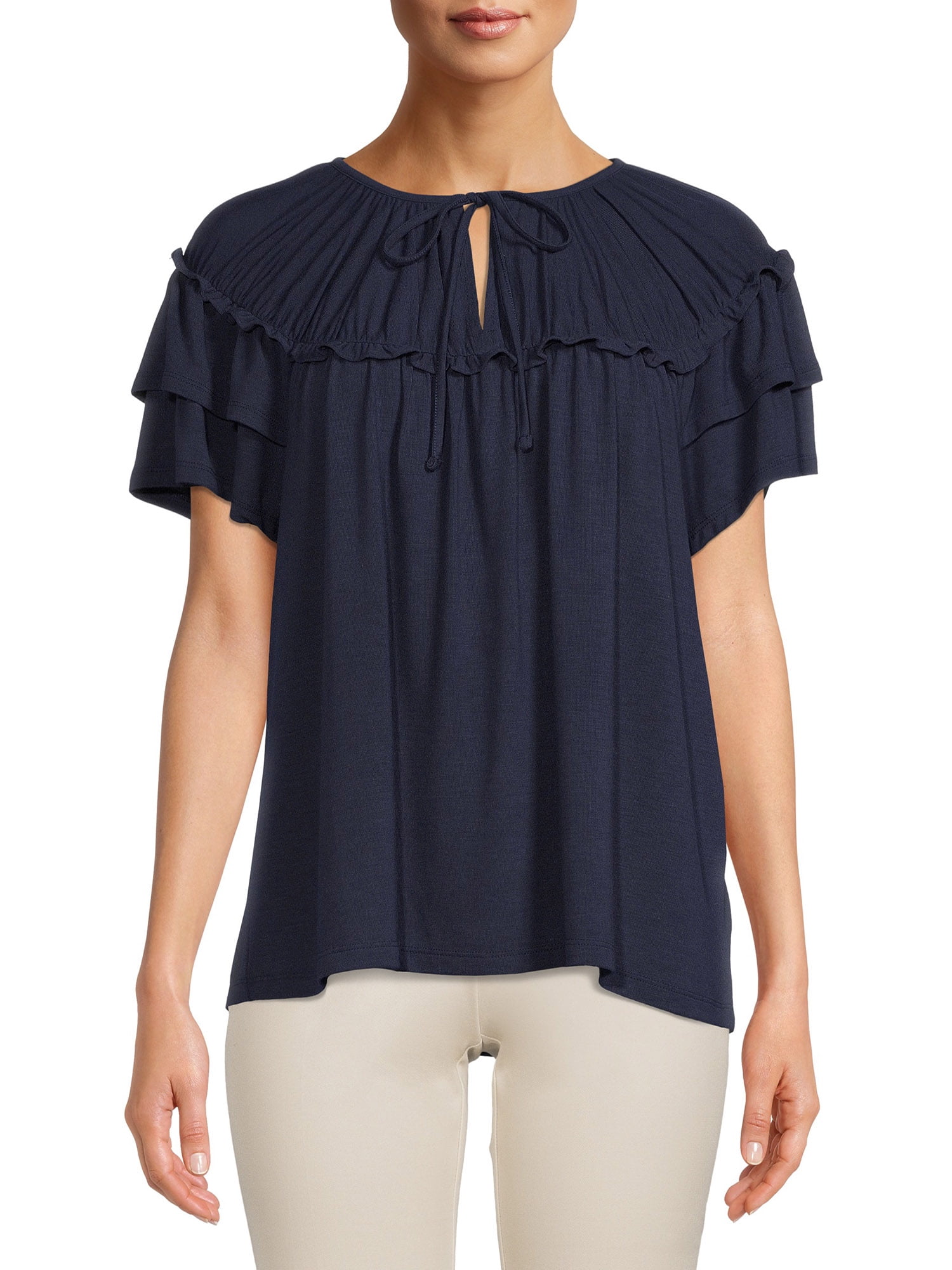 Time and Tru Women's Gathered Top with Flutter Sleeves - Walmart.com