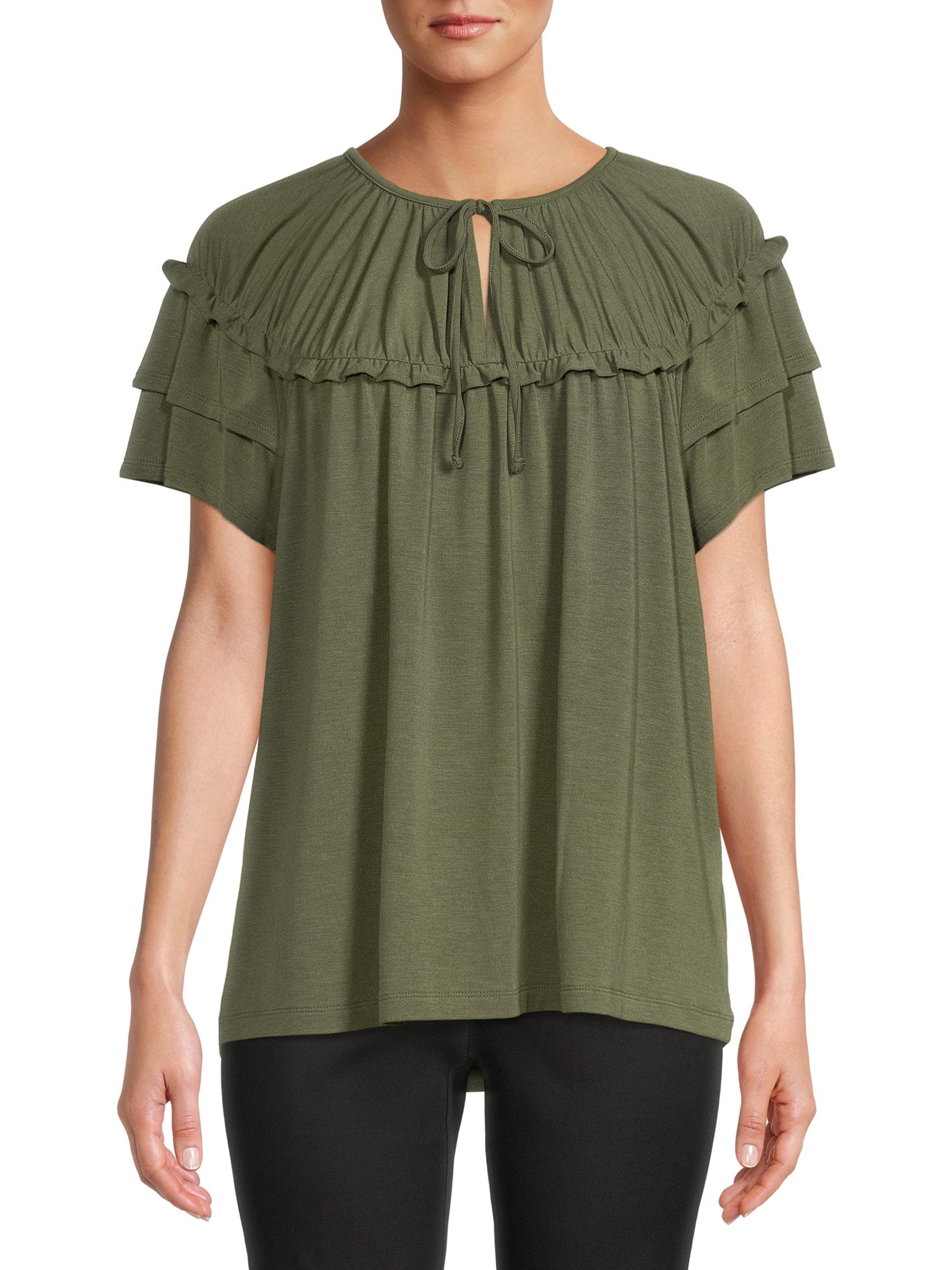 Time and Tru Women's Gathered Top with Flutter Sleeves - Walmart.com