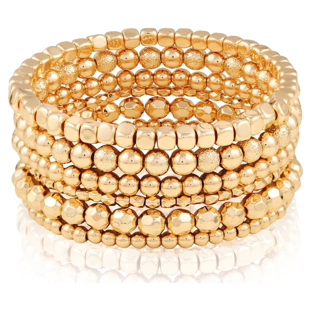 Time and Tru Women's Gold Tone Beaded Stretch Bracelet Set, 6-Piece ...