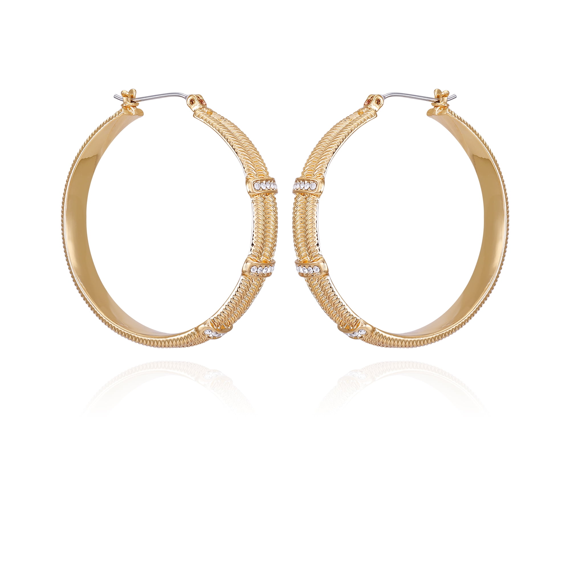 Time and Tru Women's Gold Tone Textured Hoop with Crystal Stone ...