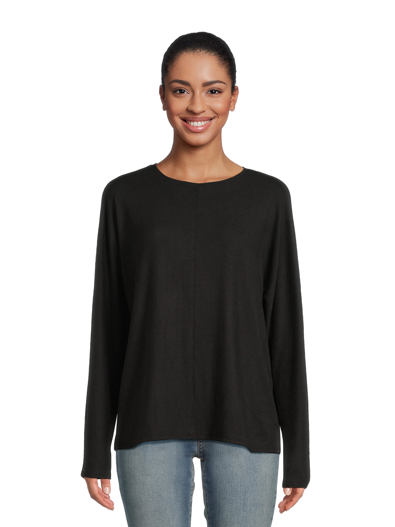 Time and Tru Women's Long Sleeve Hacci Knit Crewneck Pullover Top ...