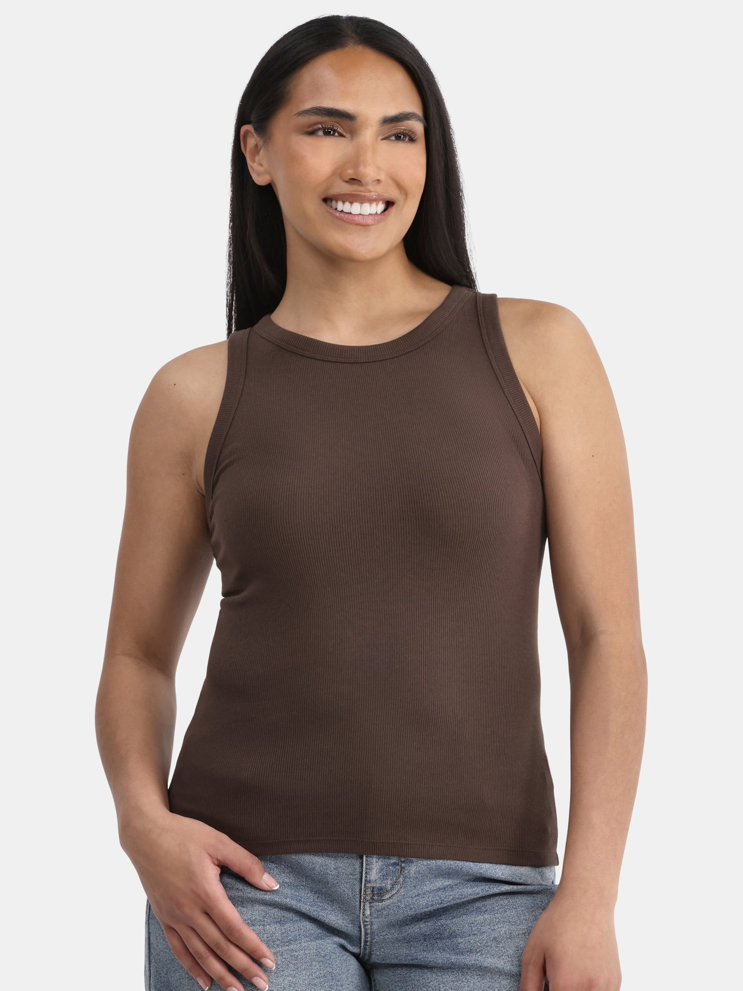 Time and Tru Women's High Neck Ribbed Tank Top XS-XXXL Cotton Polyester ...