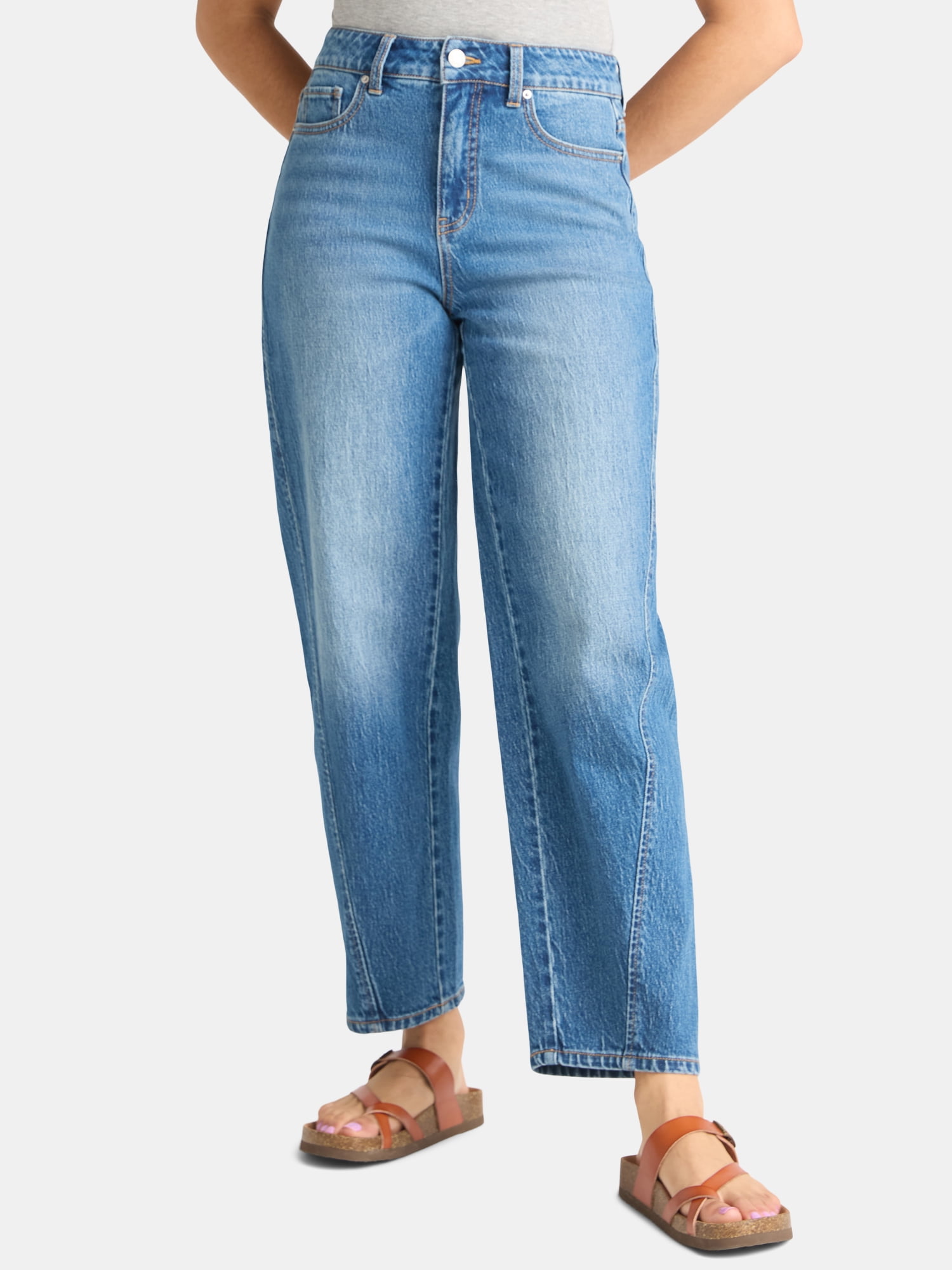 Time and Tru Women's High Rise Barrel Jeans, 26.5" Inseam, Sizes 0-20 ...