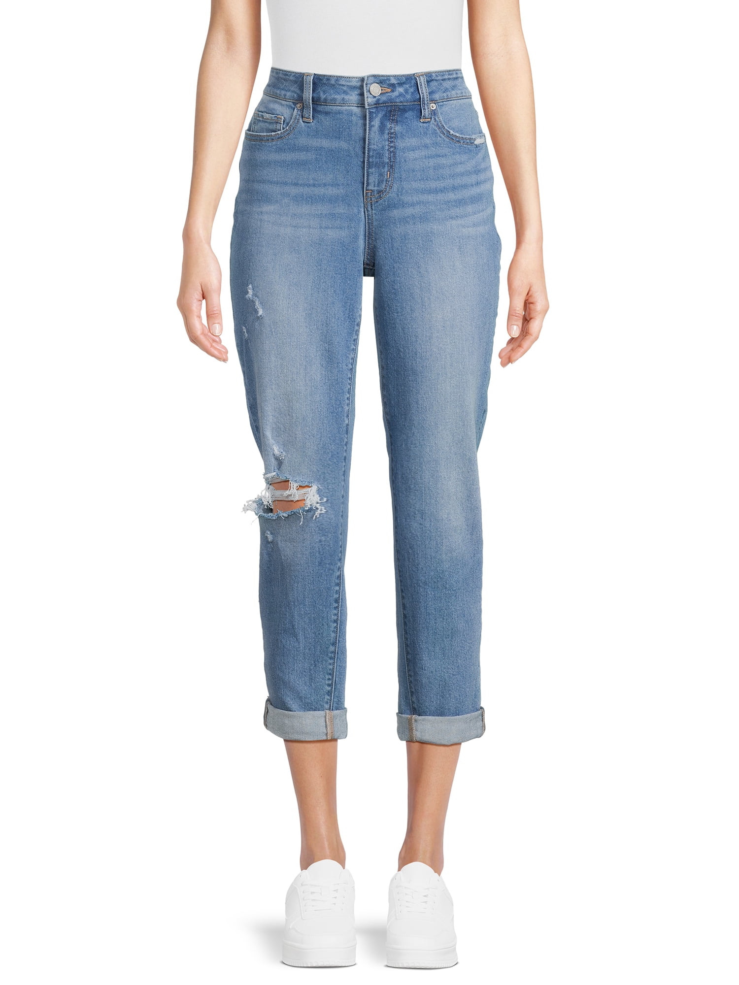 Time and Tru Women's High Rise Boyfriend Cuffed Crop Jeans, 26" Inseam ...