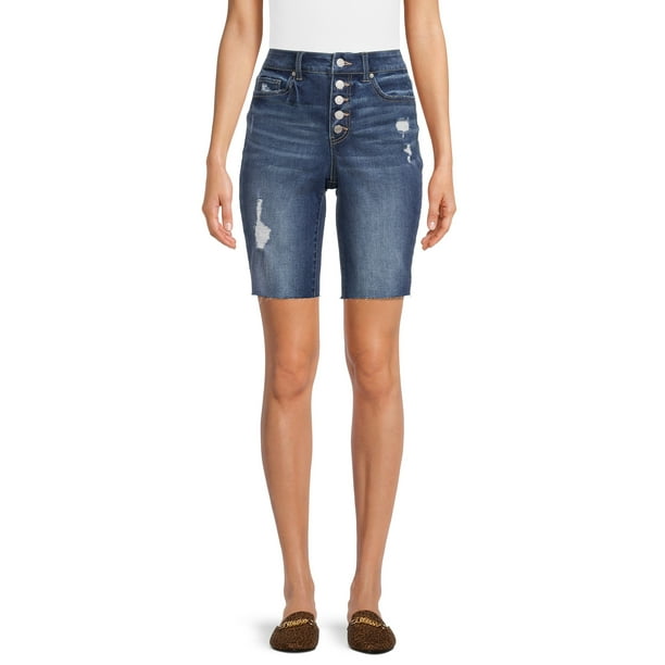 Time and Tru Women's High Rise Button Fly Denim Bermuda Short - Walmart.com