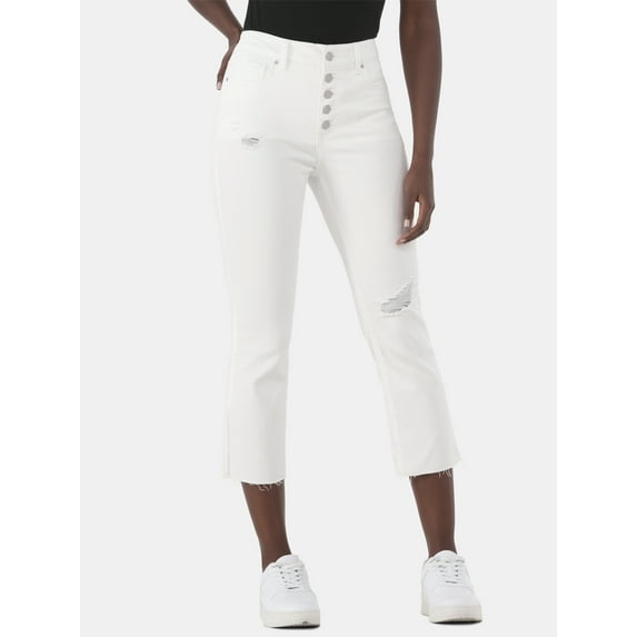 Time and Tru Women's High Rise Button Fly Straight Leg Crop Jeans, 25 ...
