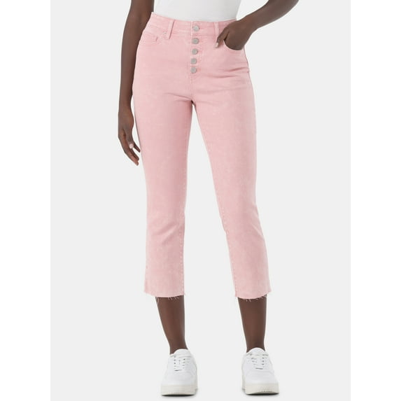 Time and Tru Women's High Rise Button Fly Straight Leg Crop Jeans, 25 ...