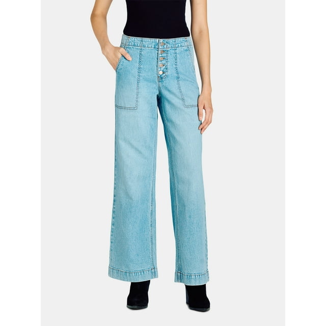 Time and Tru Women's High Rise Button Fly Wide Leg Jeans, 30", 32", 34 ...