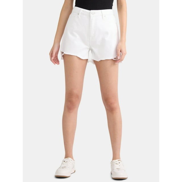 Time and Tru Women's Destructed Hem High Rise Denim Shorts, 4" Inseam ...