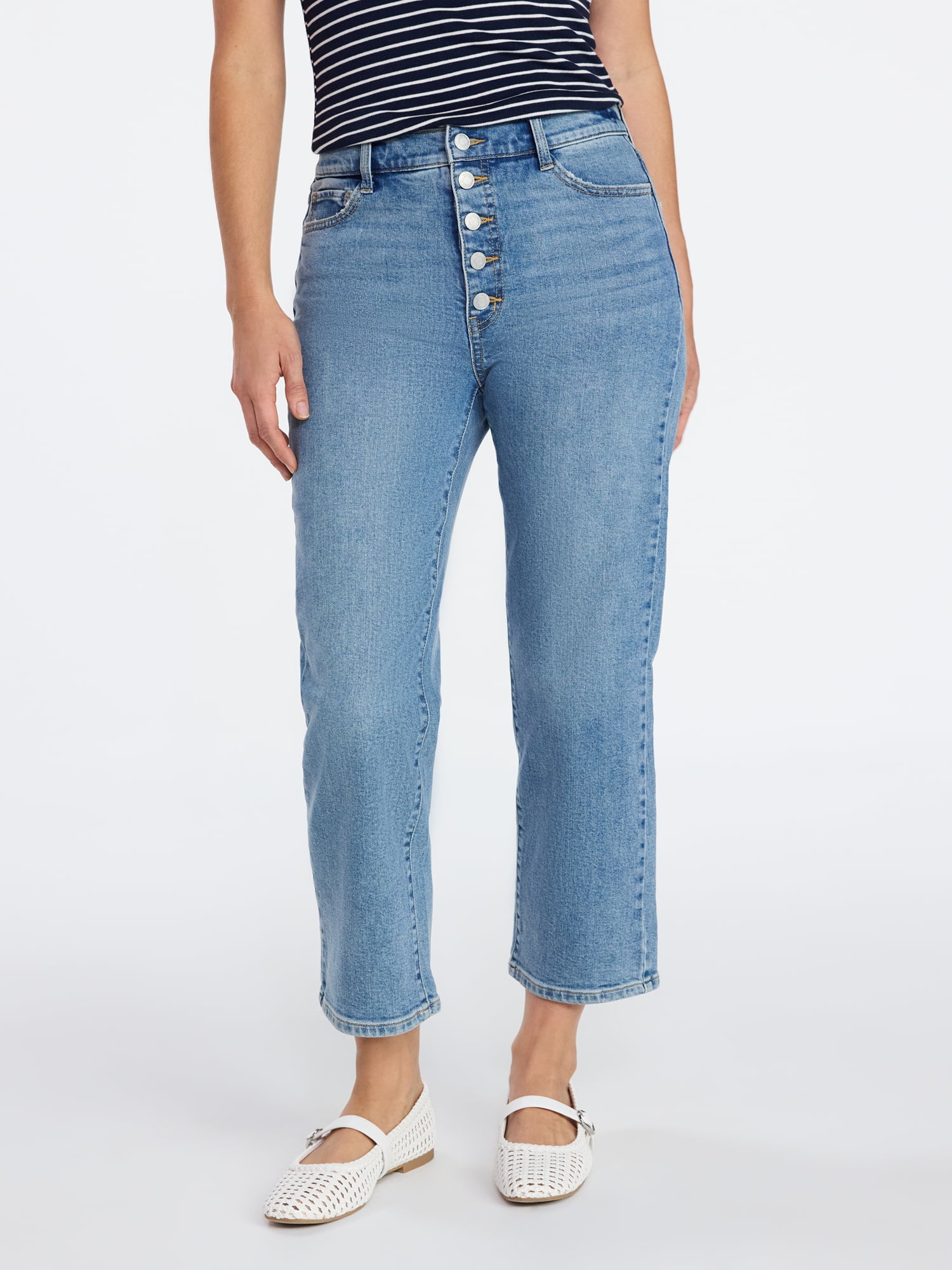 Time and Tru Women's High Rise Button Fly Cropped Jeans, 26.5" Inseam ...