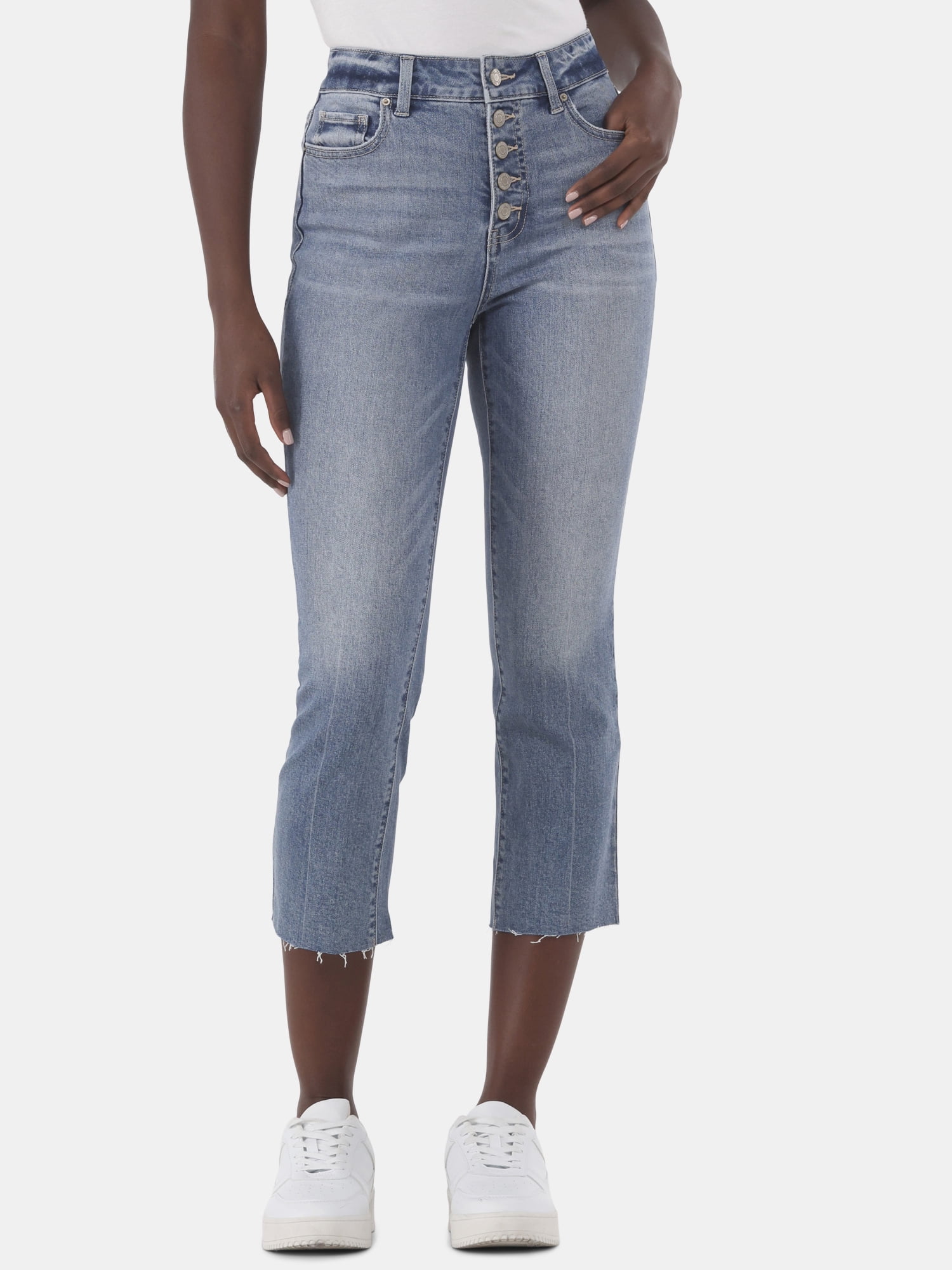 Time and Tru Women's High Rise Button Fly Straight Leg Crop Jeans, 25 ...