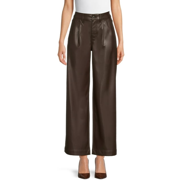 Time and Tru Women's High Rise Faux Leather Wide Leg Trousers – Regular ...