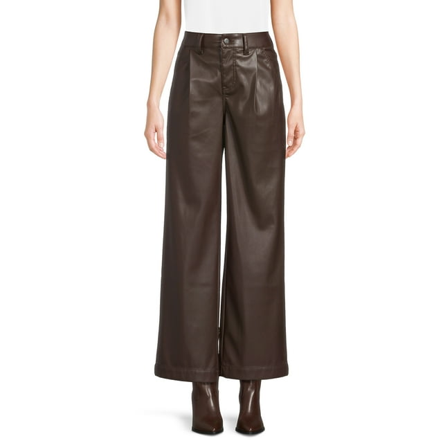 Time and Tru Women's High Rise Faux Leather Wide Leg Trousers – Regular ...