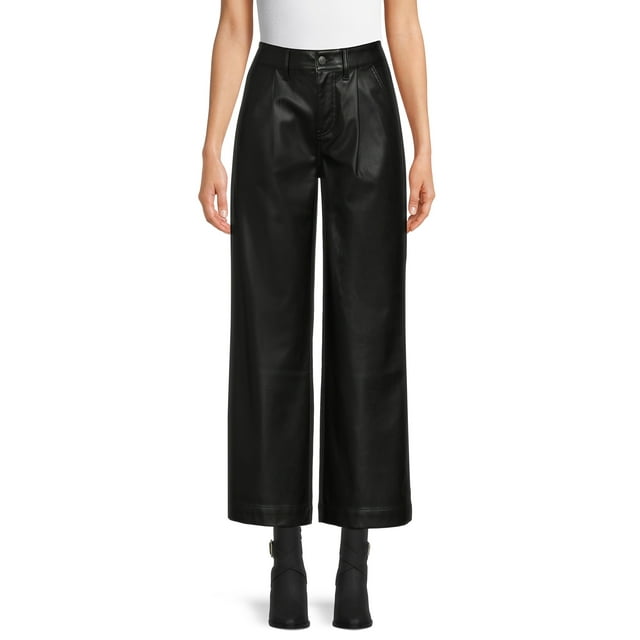 Time and Tru Women's High Rise Faux Leather Wide Leg Trousers – Regular ...