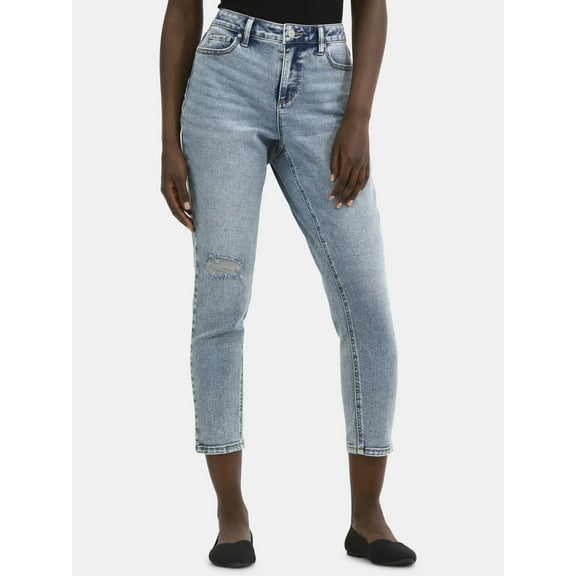 Time and Tru Women's High Rise Straight Leg Cuffed Jeans, 26.5" Inseam ...