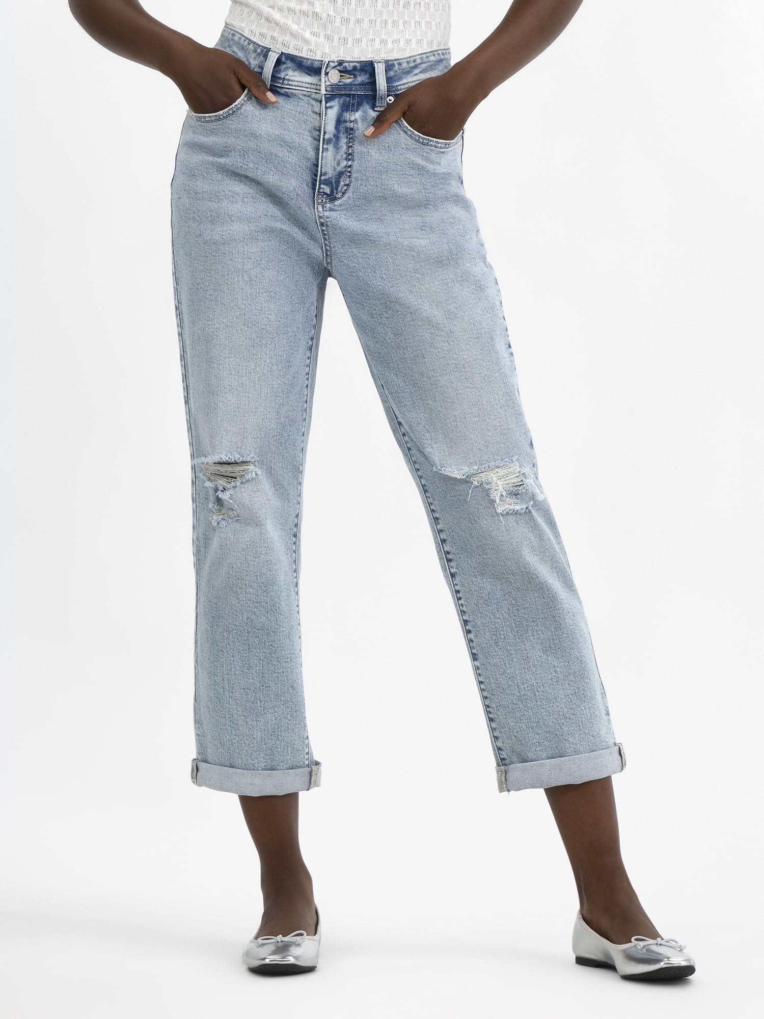 Time and Tru Women's High Rise Relaxed Boyfriend Jeans, 26" Inseam ...