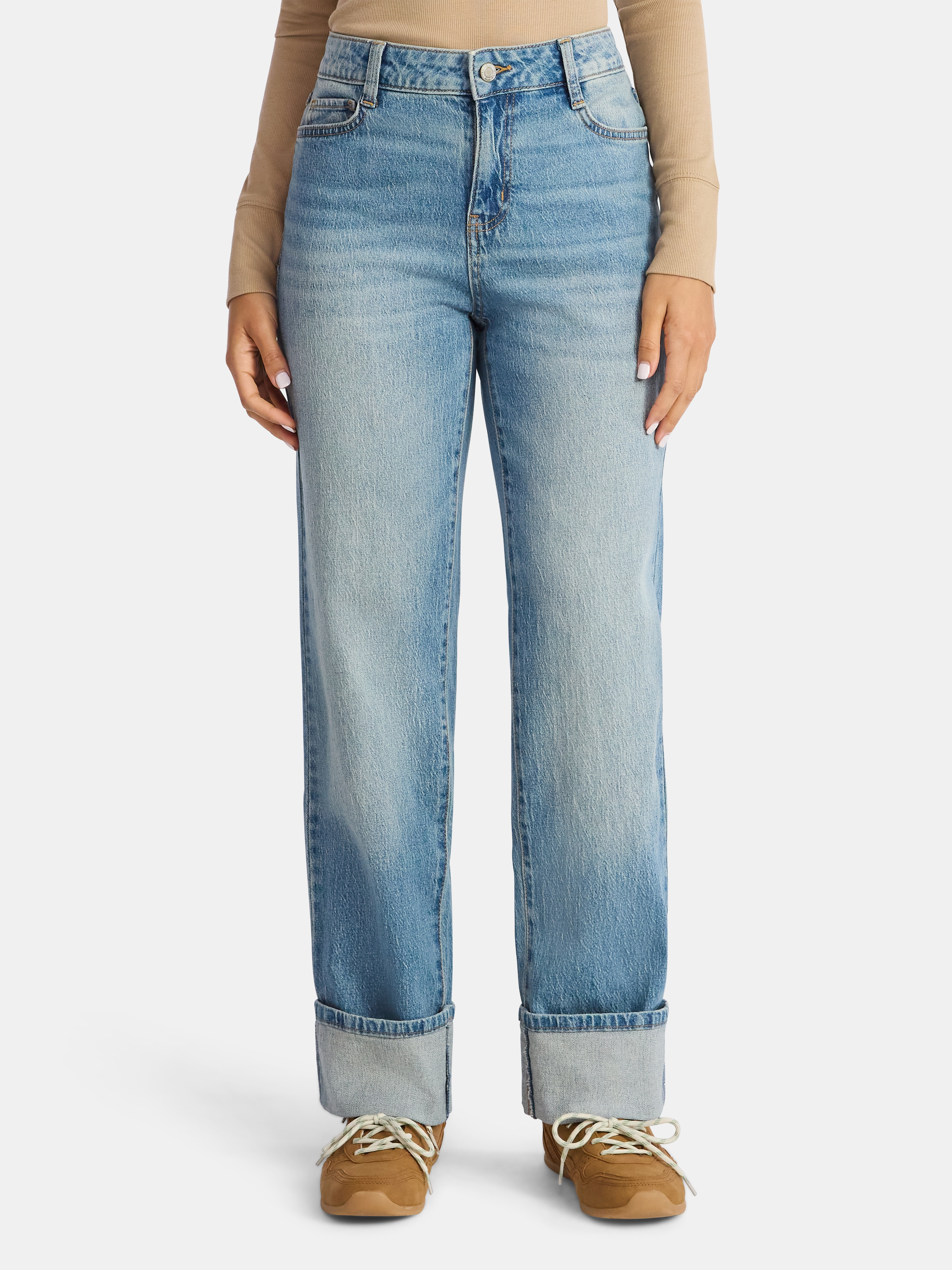 Time and Tru Women's High Rise Straight Jeans with Cuffs, 29" Inseam ...