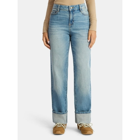 Time and Tru Women's High Rise Straight Jeans with Cuffs, 29" Inseam ...