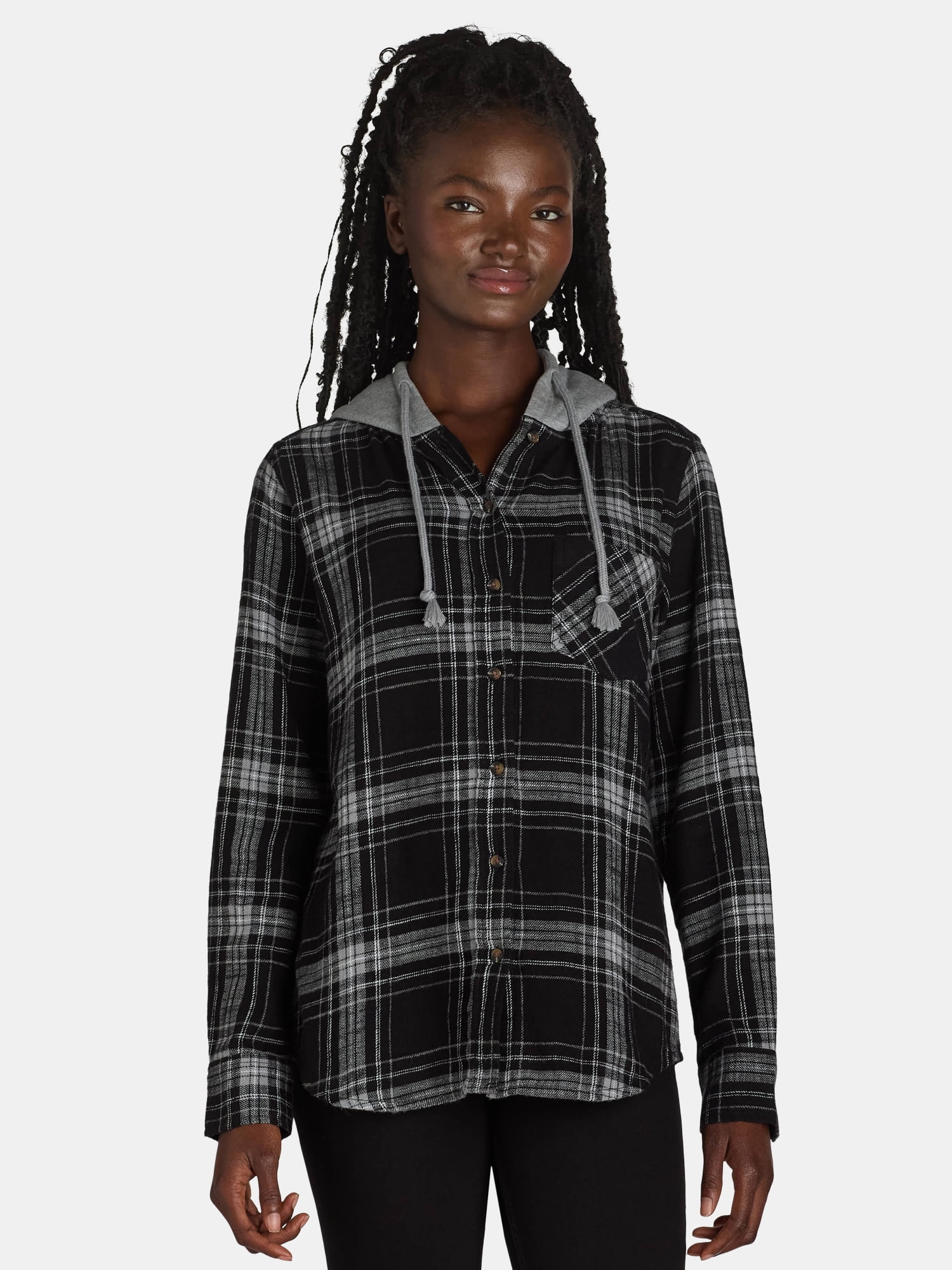 Time and Tru Women's Hooded Flannel Shirt with Long Sleeves, Sizes XS ...