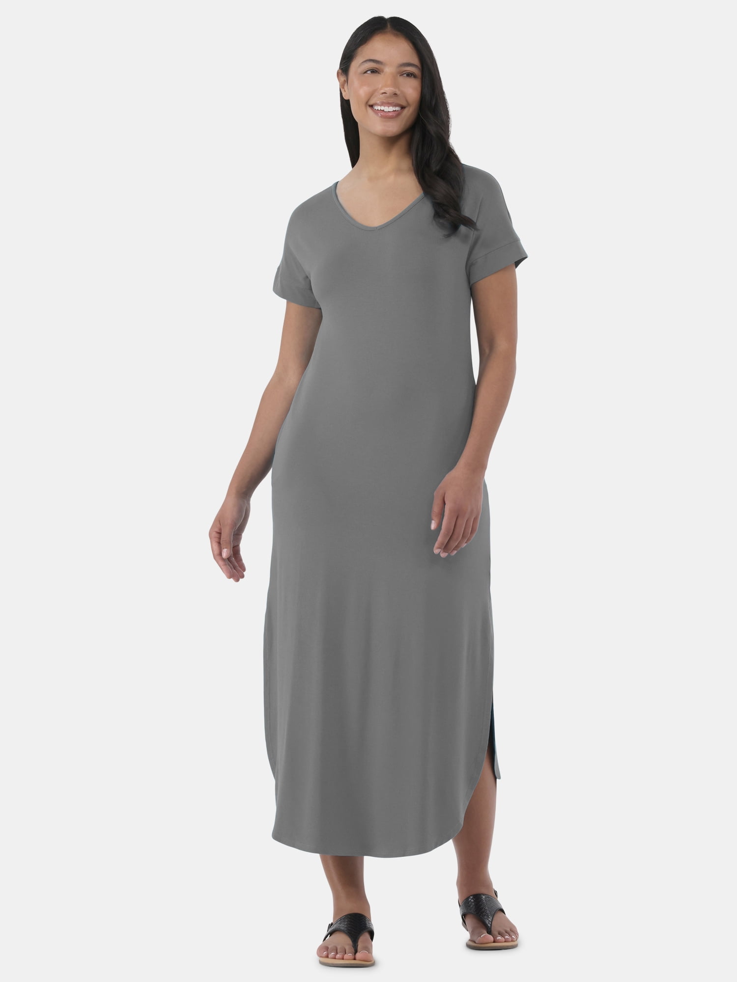 Time and Tru Knit Maxi Dress for Women with Short Sleeves, V-Neck, Side ...