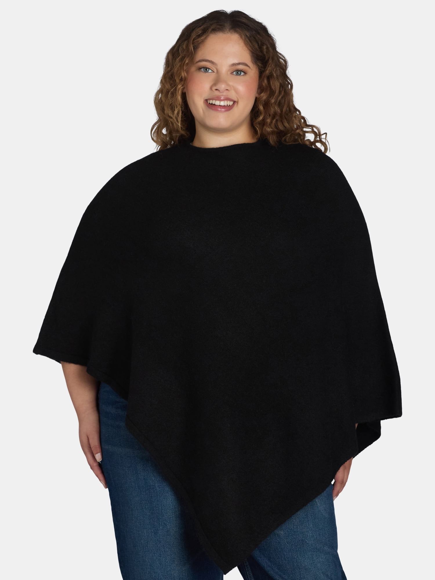 Time & Tru Women's Lightweight Knit Poncho S/M Black Cozy Warm Pullover ...