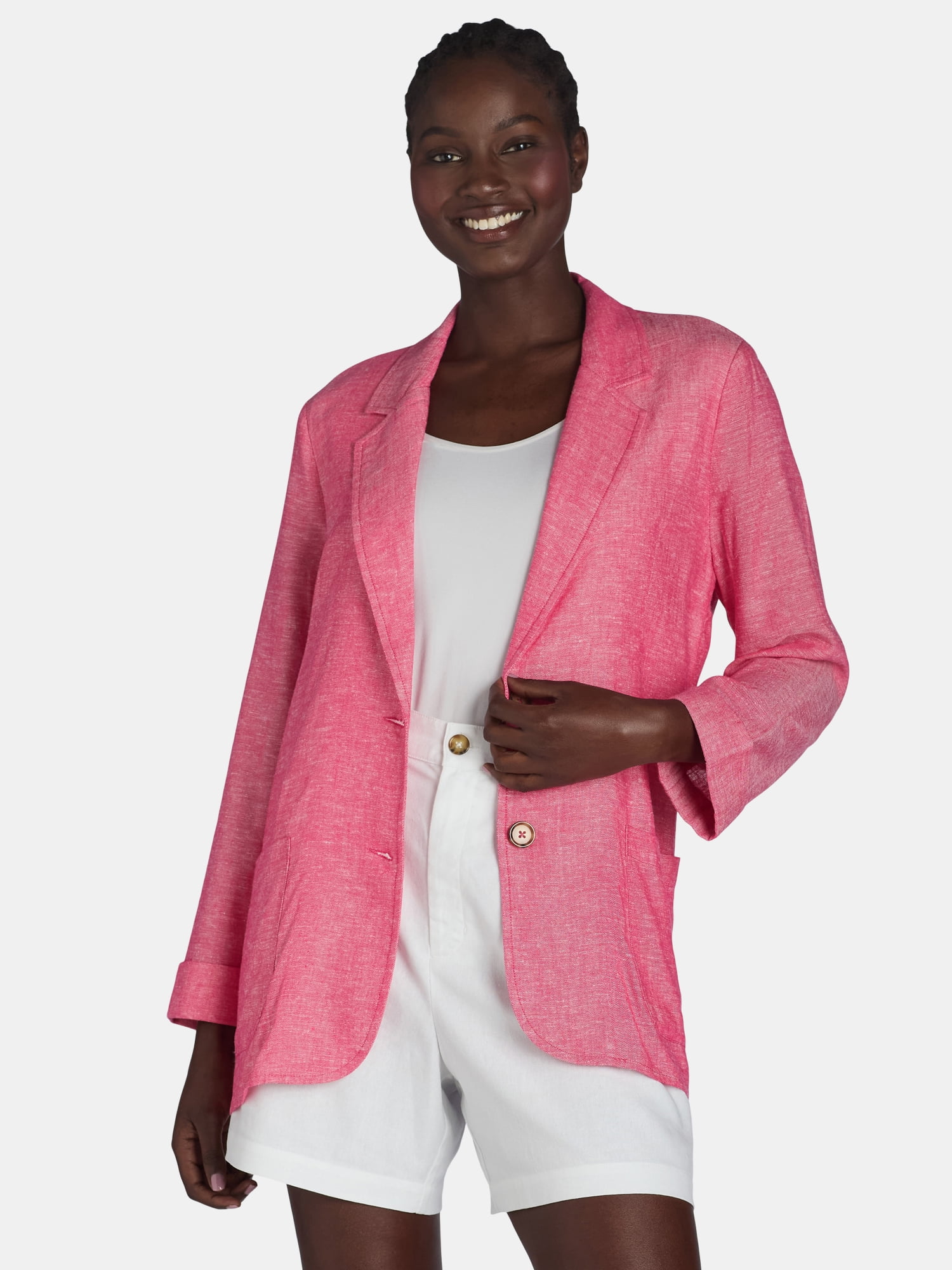Time & Tru Women's Linen-Blend Blazer with Patch Pockets, Sizes XS-XXXL ...