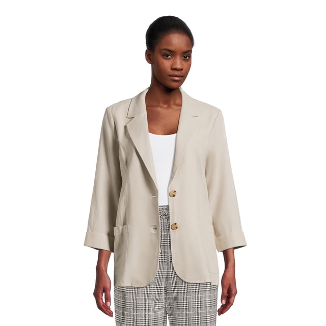 Time and Tru Women’s Linen-Blend Button Front Blazer with Patch Pockets ...