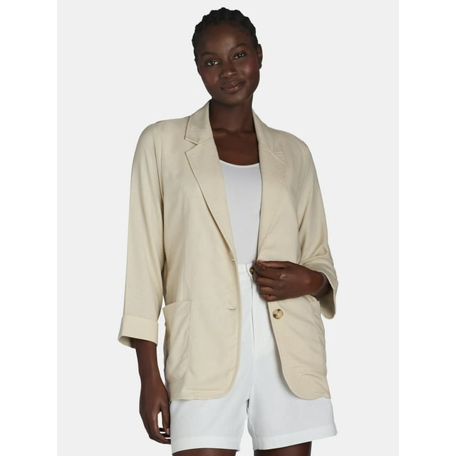 Time and Tru Women’s Linen-Blend Button Front Blazer with Patch Pockets ...
