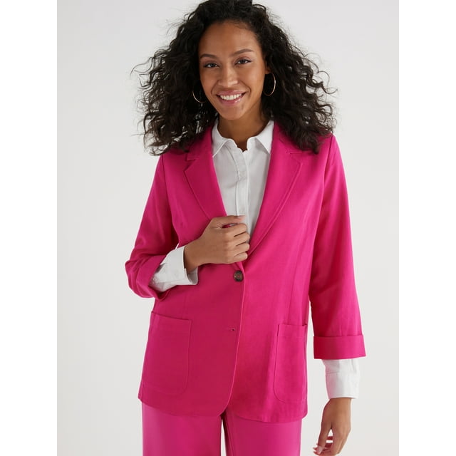Time and Tru Women’s Linen-Blend Button Front Blazer with Patch Pockets ...