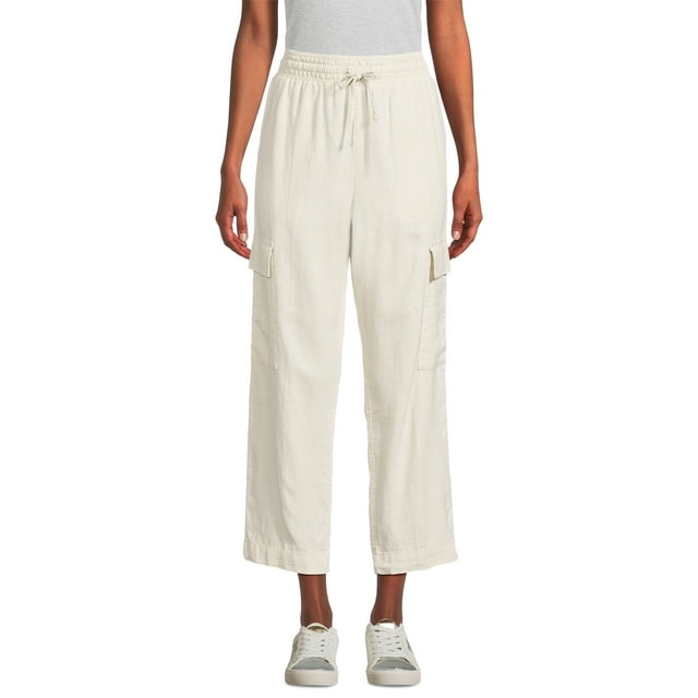 Time and Tru Women's Linen Blend Cropped Cargo Pants, 28" Inseam, Size ...
