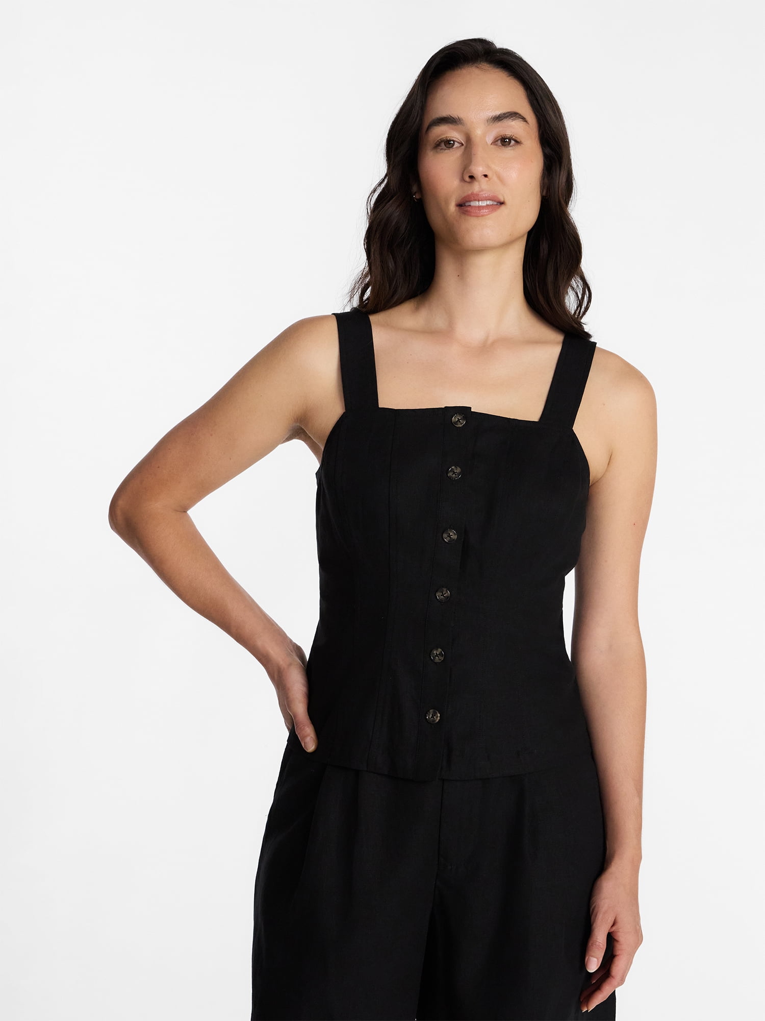 Time and Tru Women's Linen Blend Button Front Tank Top with Adjustable ...