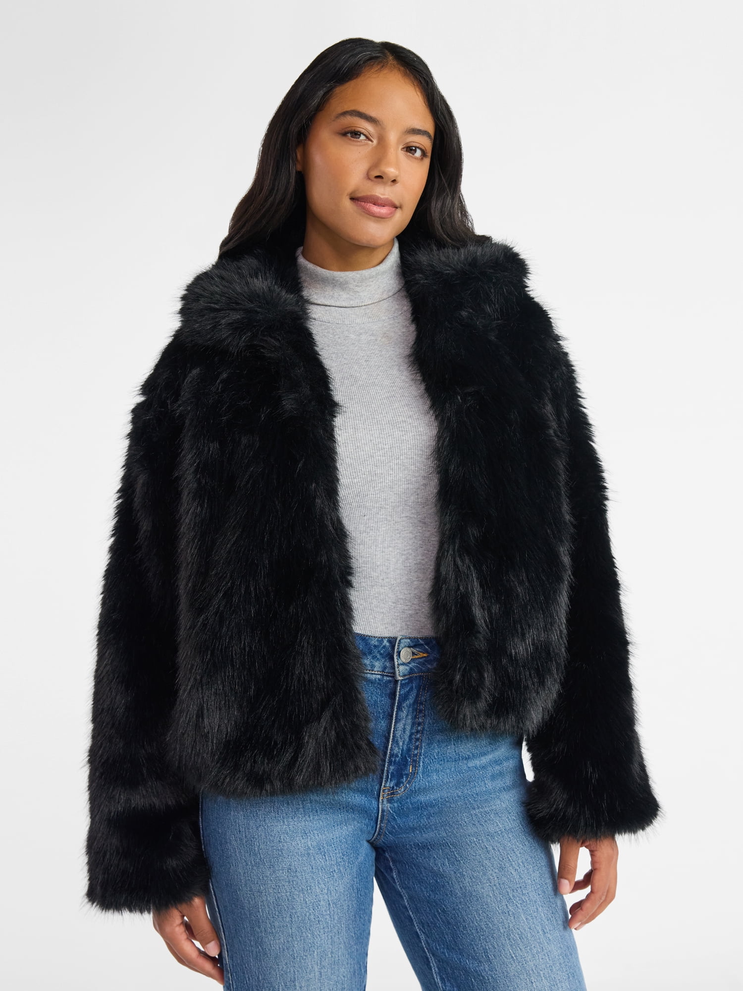 Time and Tru Women's and Women’s Plus Plush Faux Fur Jacket, Midweight ...