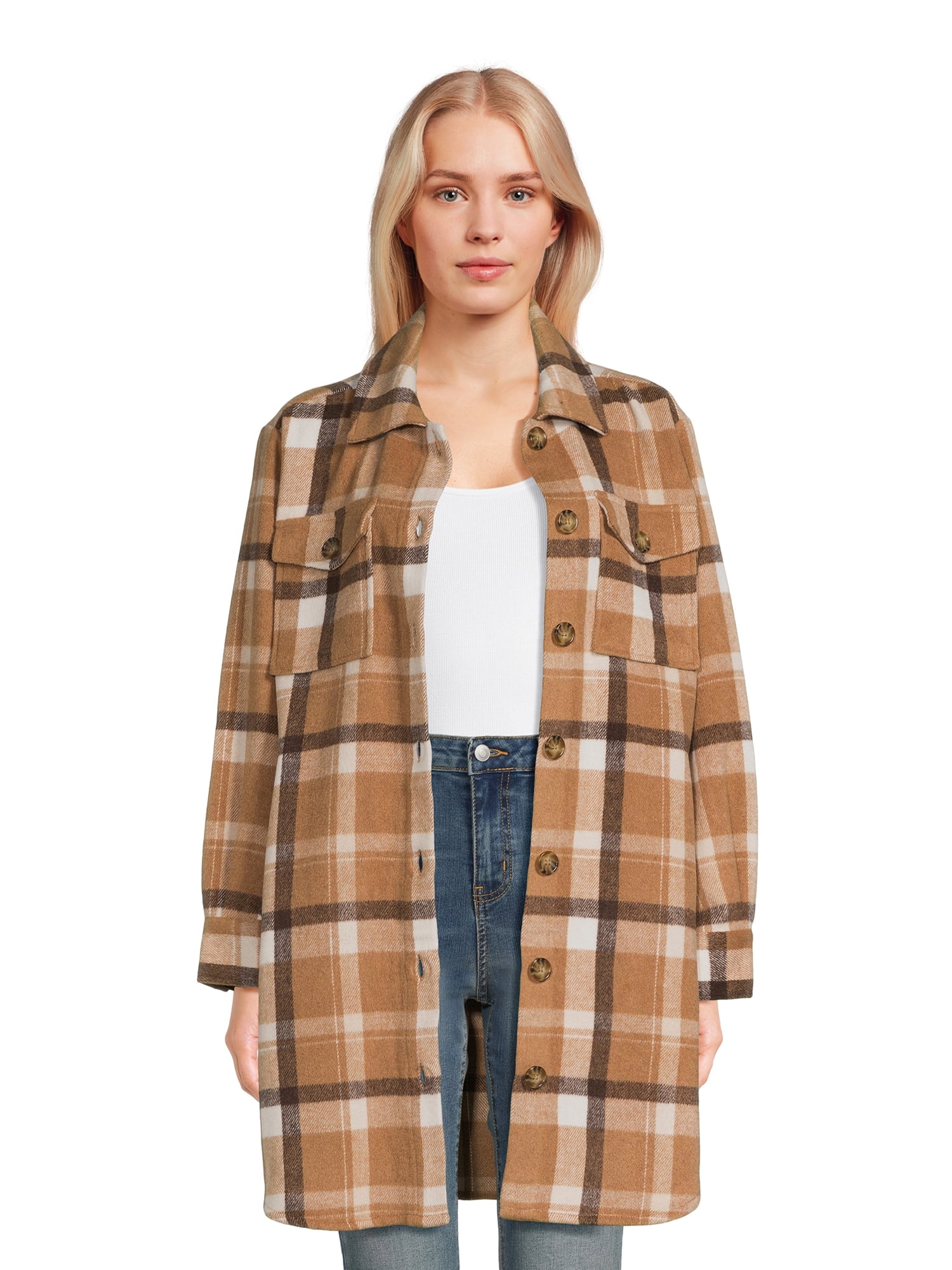Time and Tru Women's Long Line Plaid Shacket, Sizes XS -XXXL - Walmart.com