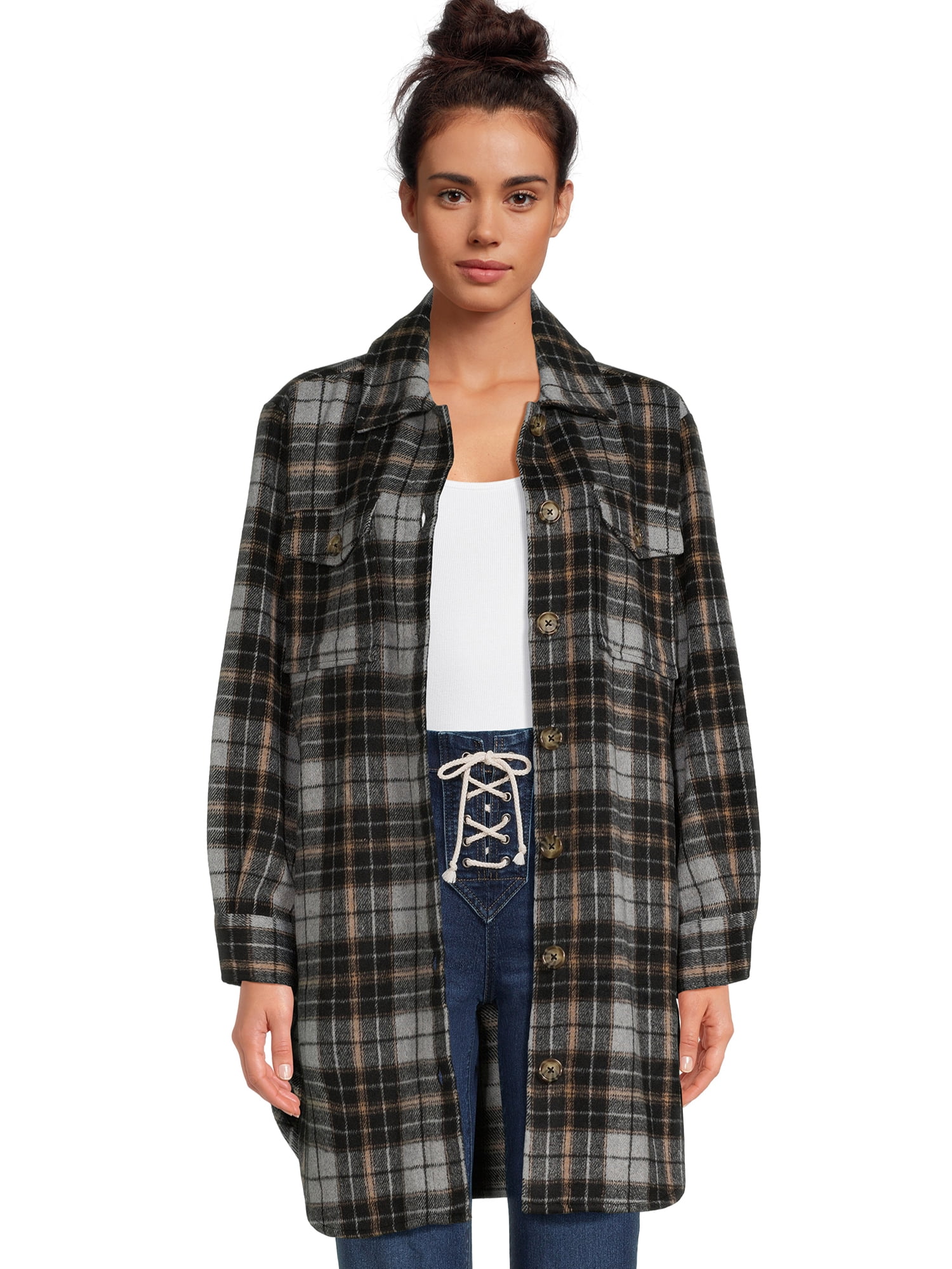 Time and Tru Women's Long Line Plaid Shacket, Sizes XS -XXXL - Walmart.com