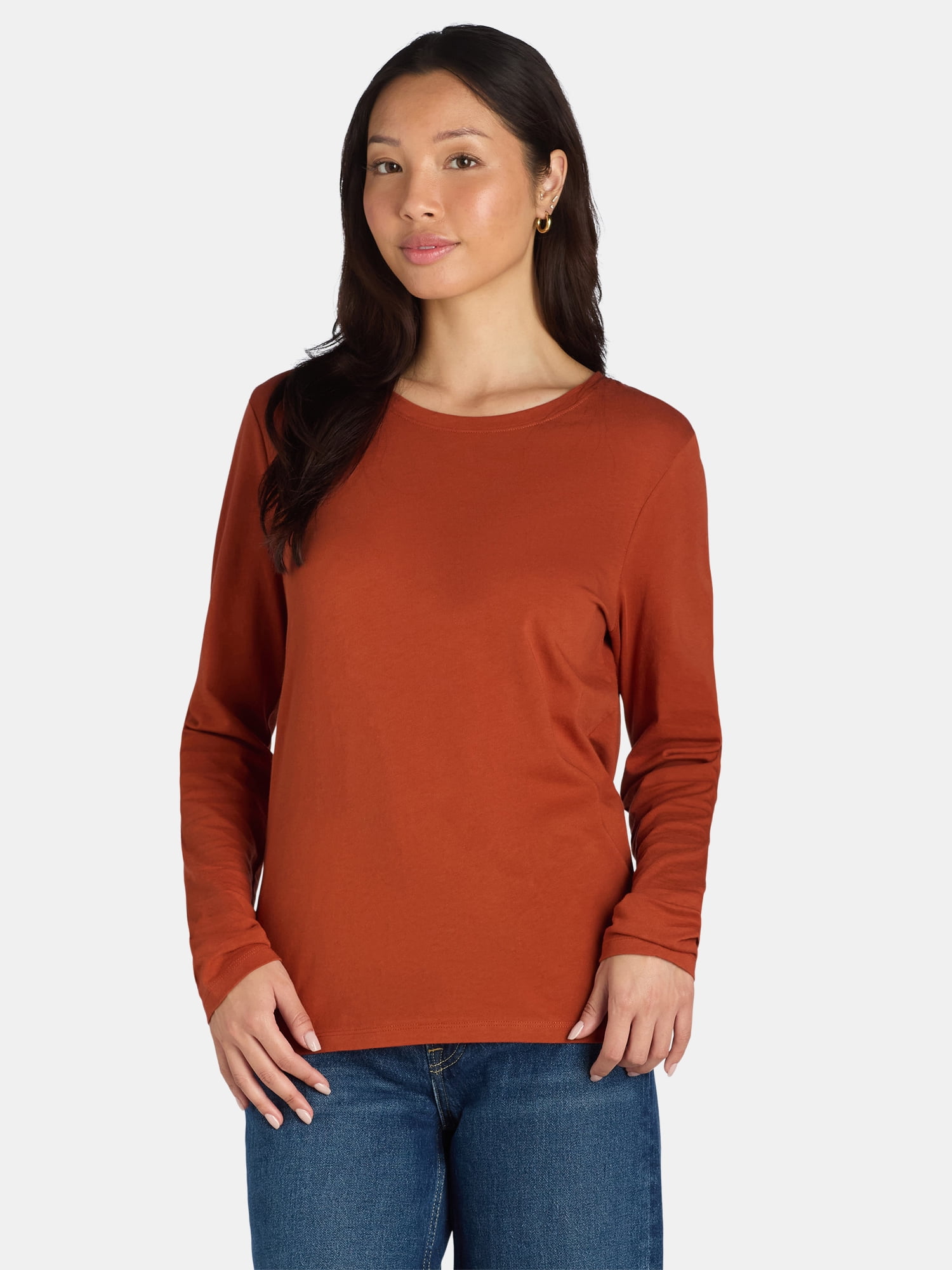 Time and Tru Women's Cotton Crewneck Tee with Long Sleeves, Single and ...