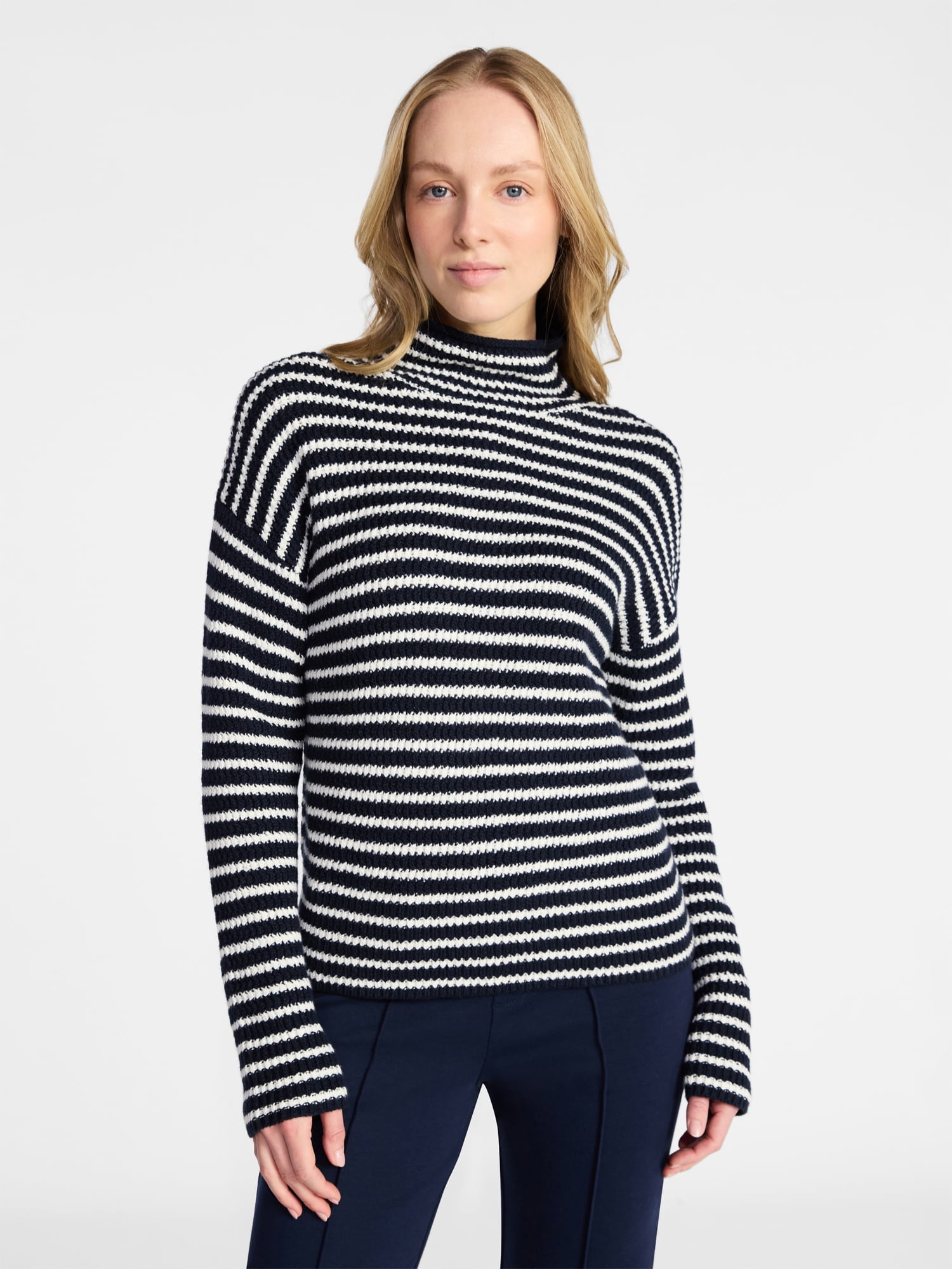 Time and Tru Women's Stripe Funnel Neck Sweater with Long Sleeves ...