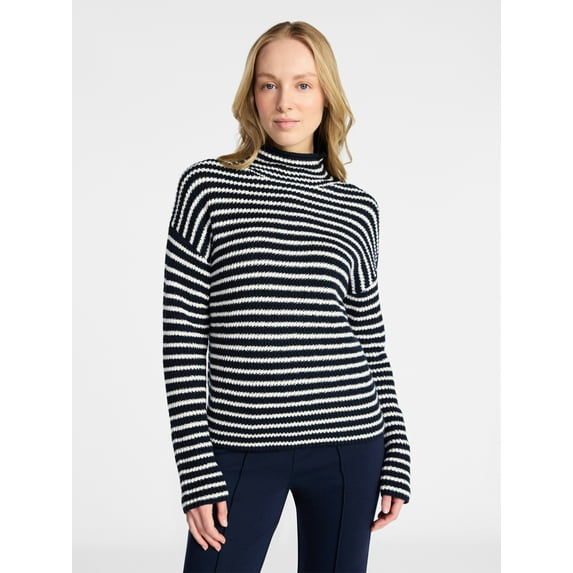 Time and Tru Women's Stripe Funnel Neck Sweater with Long Sleeves ...