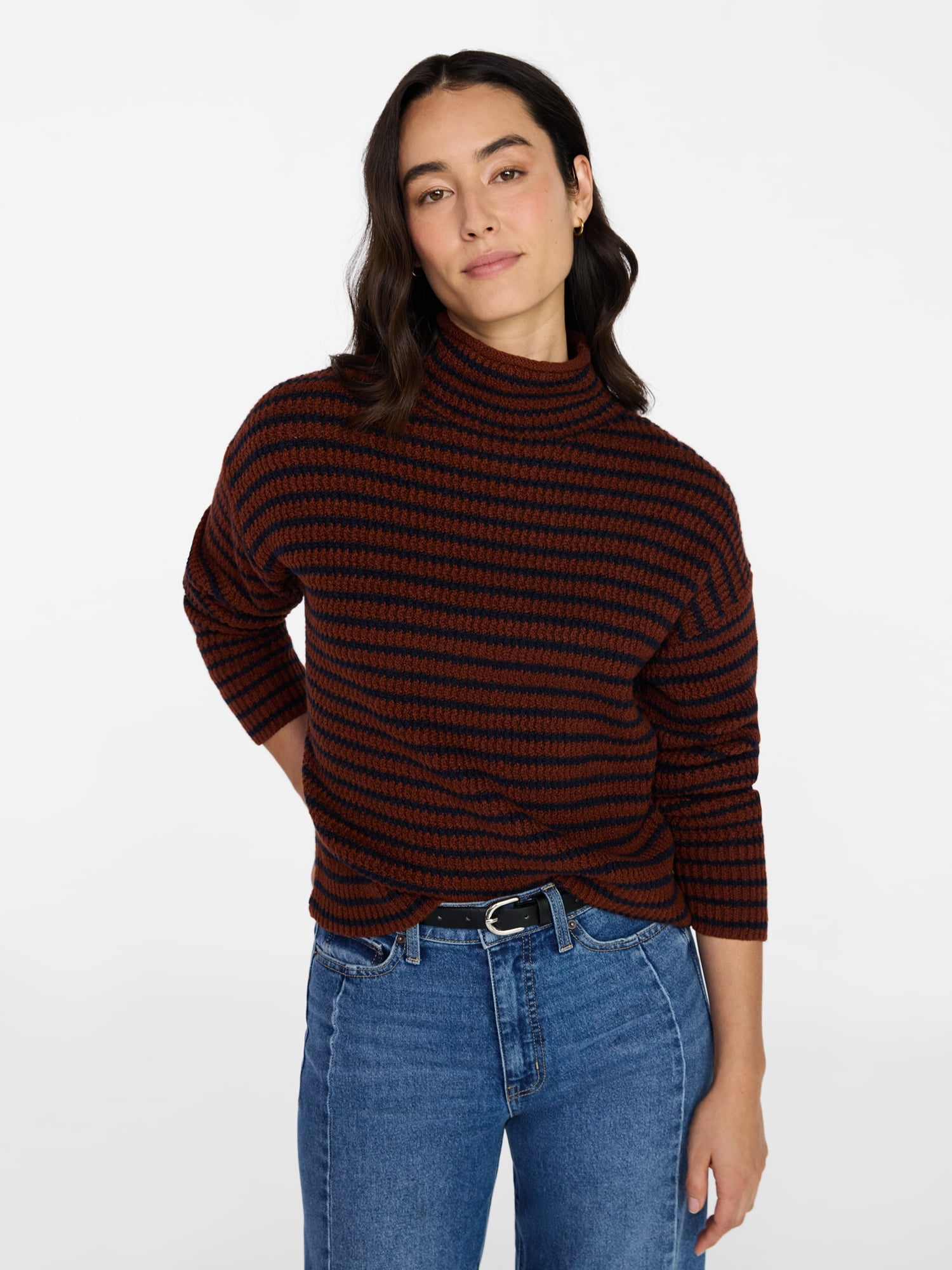 Time and Tru Women's Stripe Funnel Neck Sweater with Long Sleeves ...