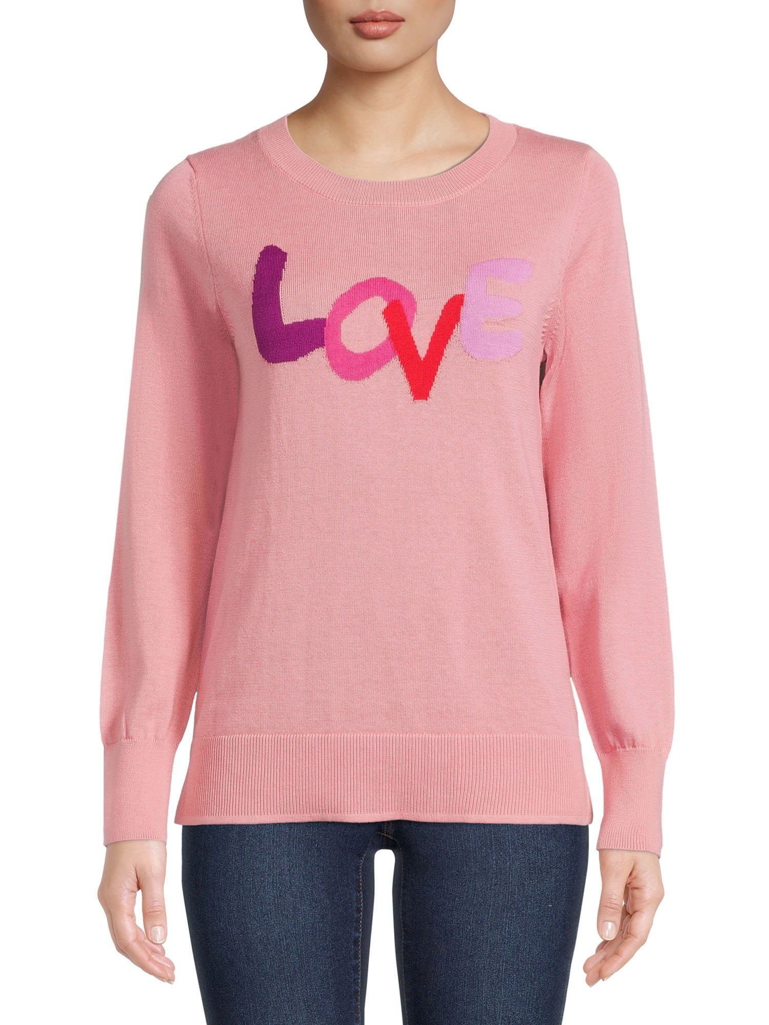 Time and Tru Women's Long Sleeve Hearts Sweater - Walmart.com