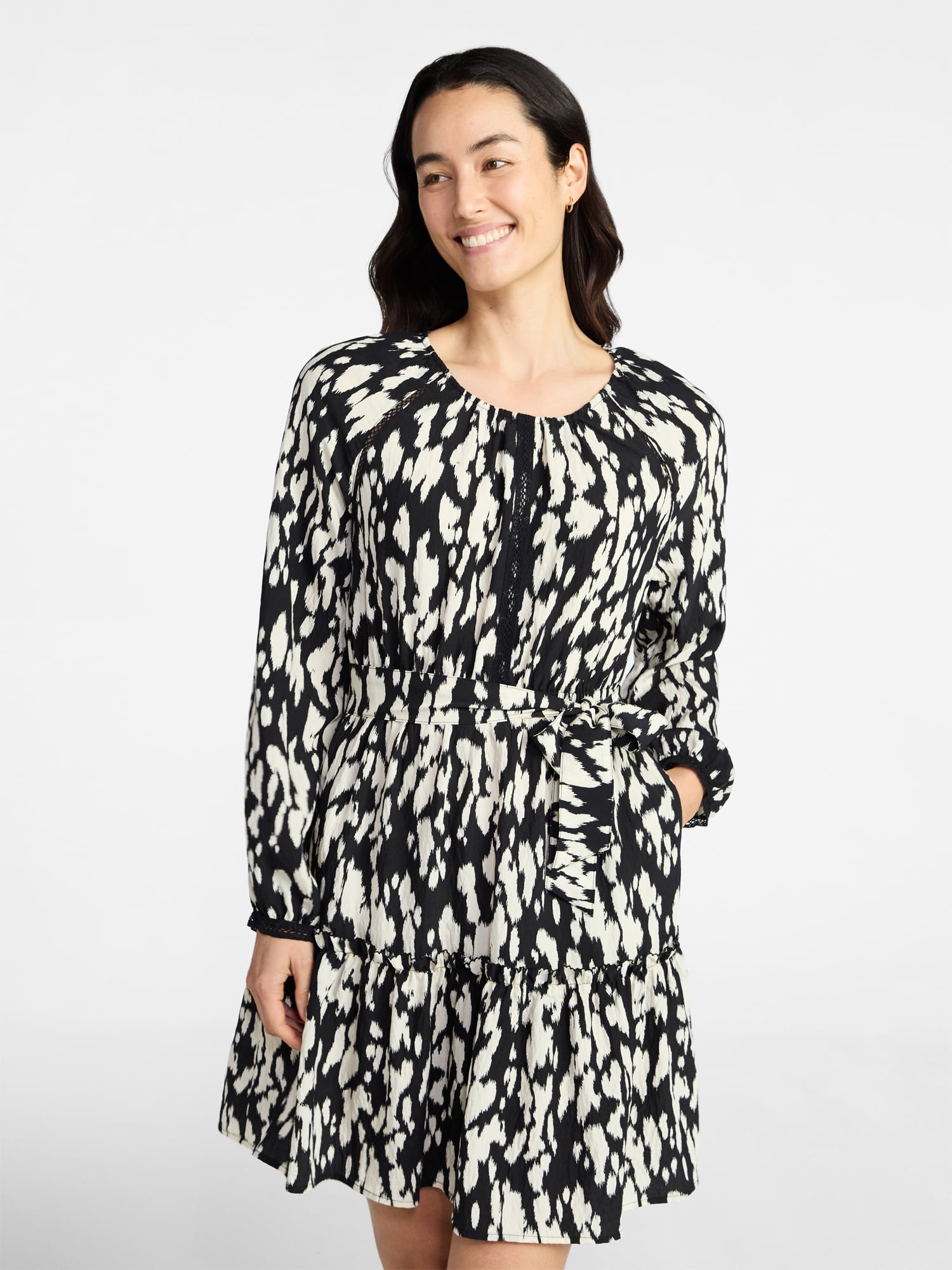 Time and Tru Women's Lace Trimmed Mini Dress with Long Sleeves, Sizes ...