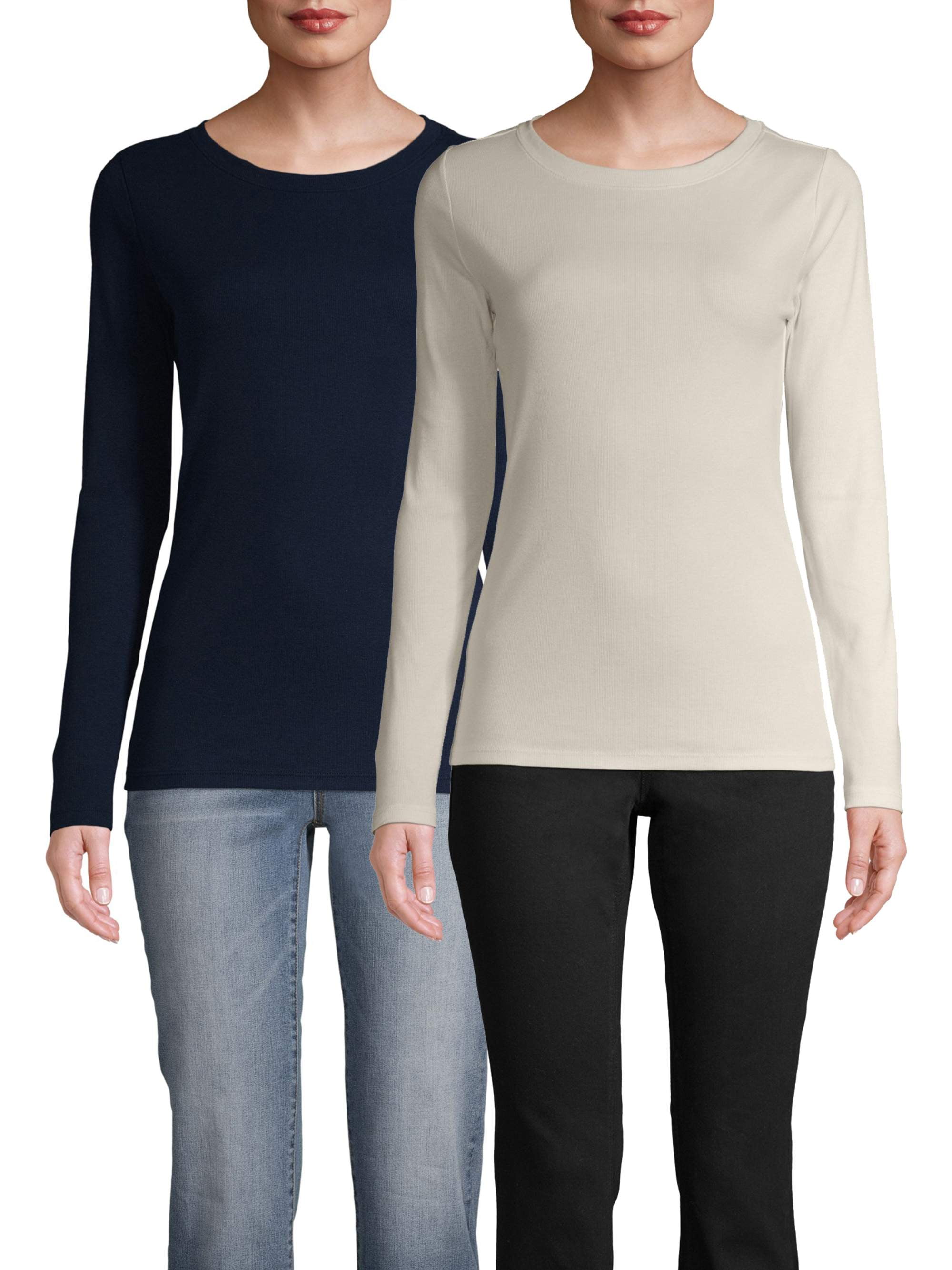 Time and Tru Women's Long Sleeve Ribbed T-Shirt, 2-Pack - Walmart.com
