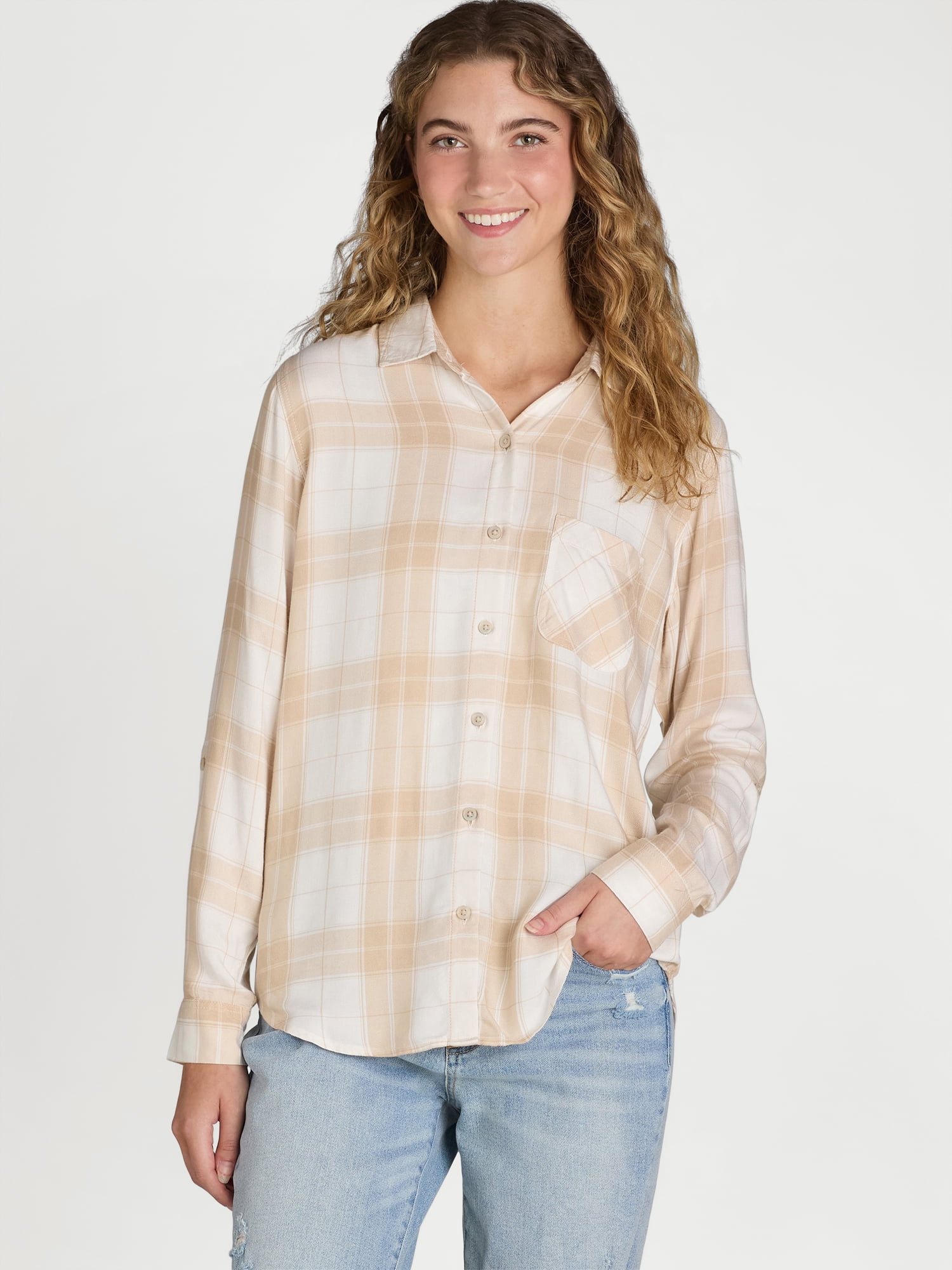 Time and Tru Women's Soft Button Up Shirt with Long Sleeves, Sizes XS ...