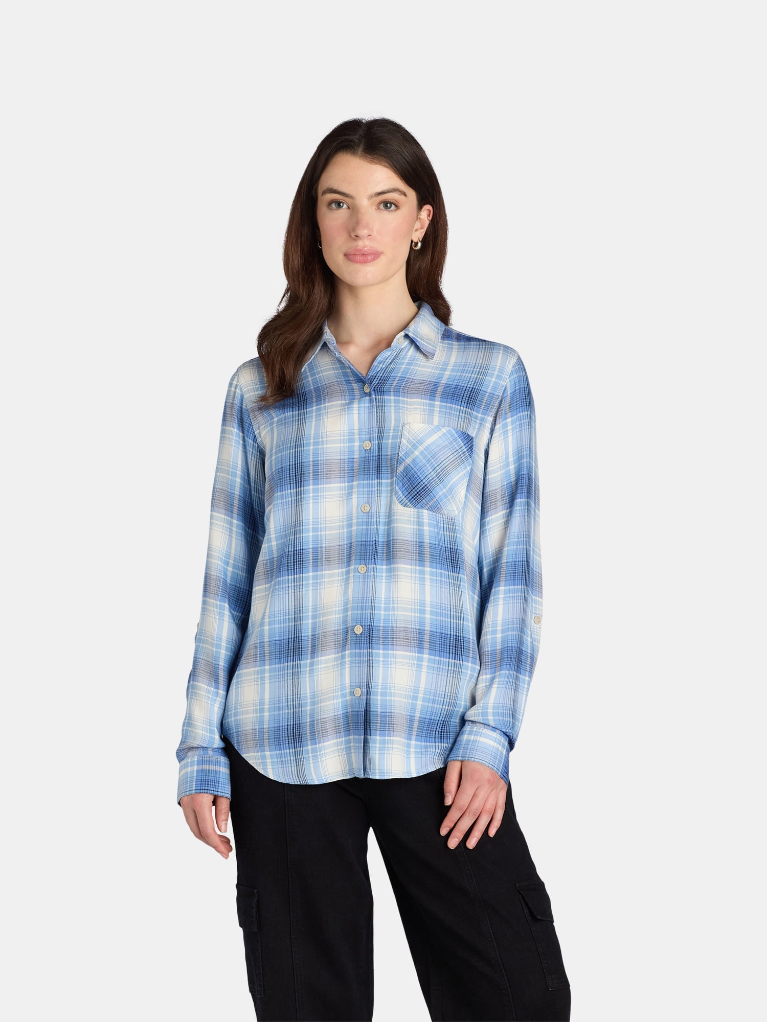 Time and Tru Women's Soft Button Up Shirt with Long Sleeves, Sizes XS ...