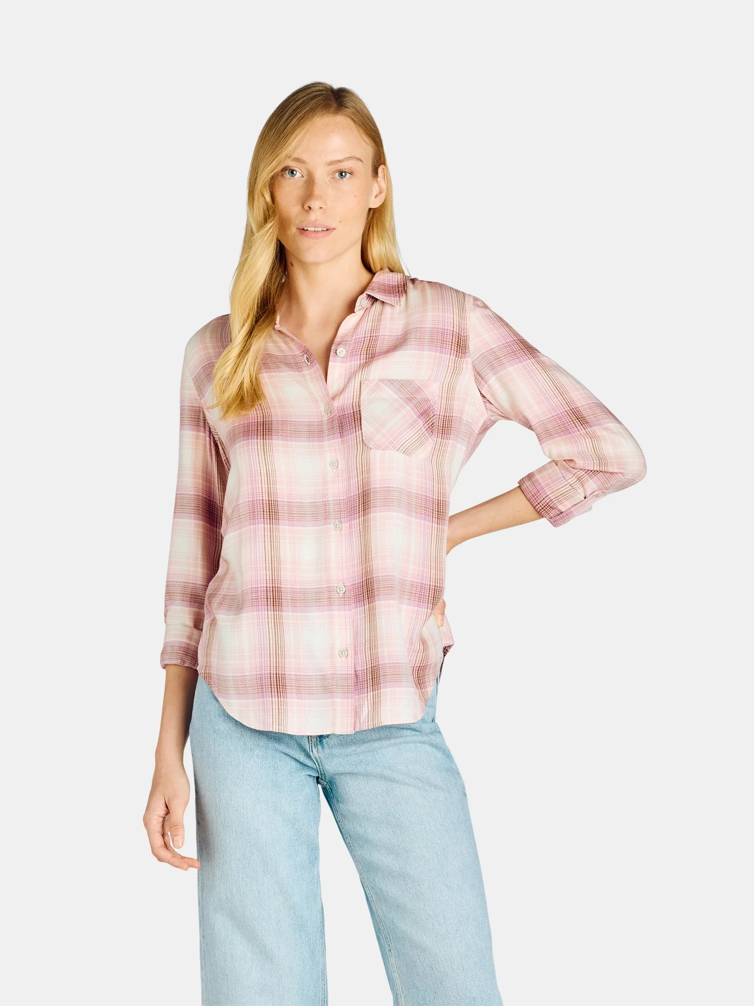 Time and Tru Women's Soft Button Up Shirt with Long Sleeves, Sizes XS ...