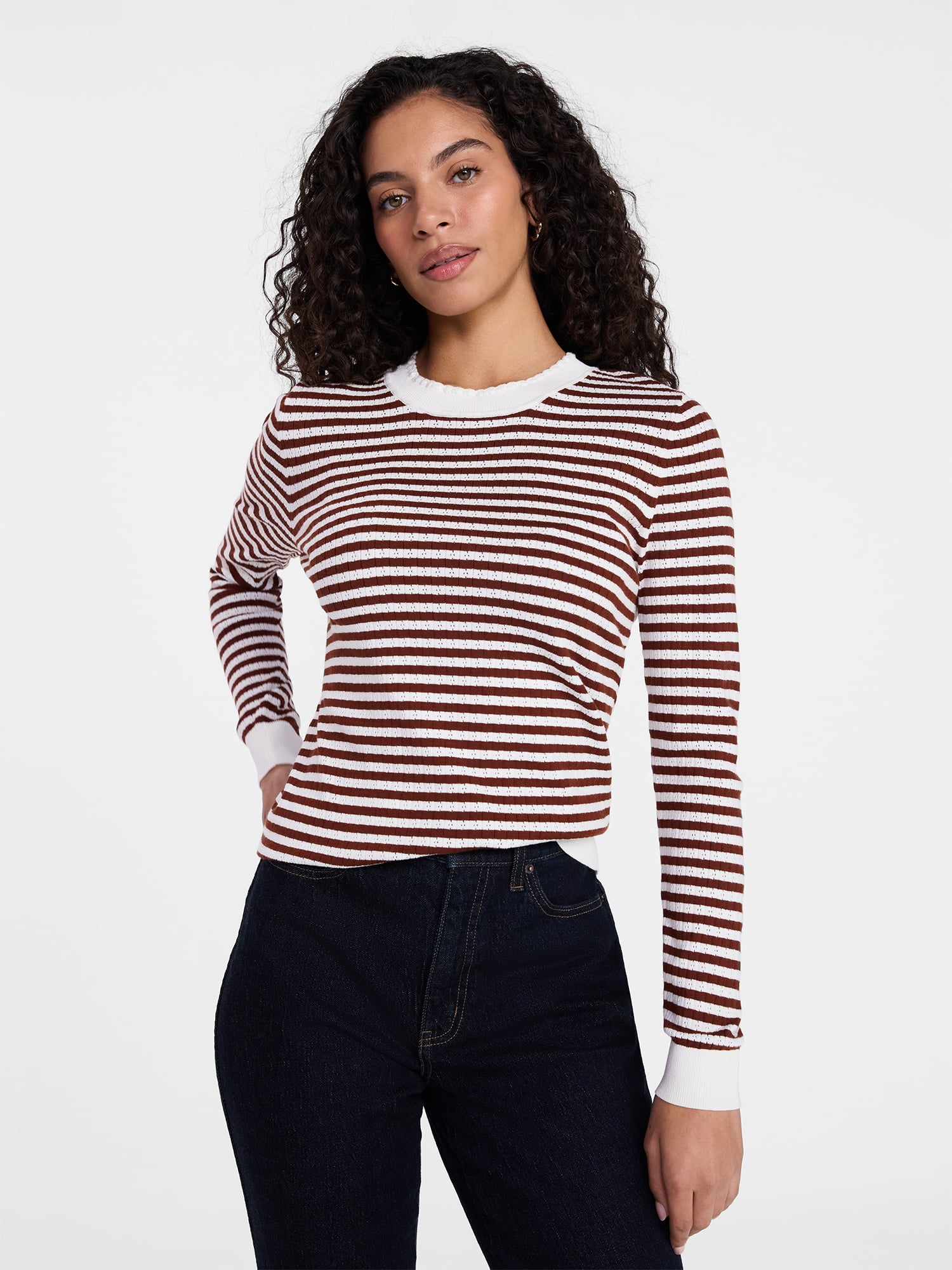 Time and Tru Women's Stripe Pointelle Rib Sweater with Long Sleeves ...