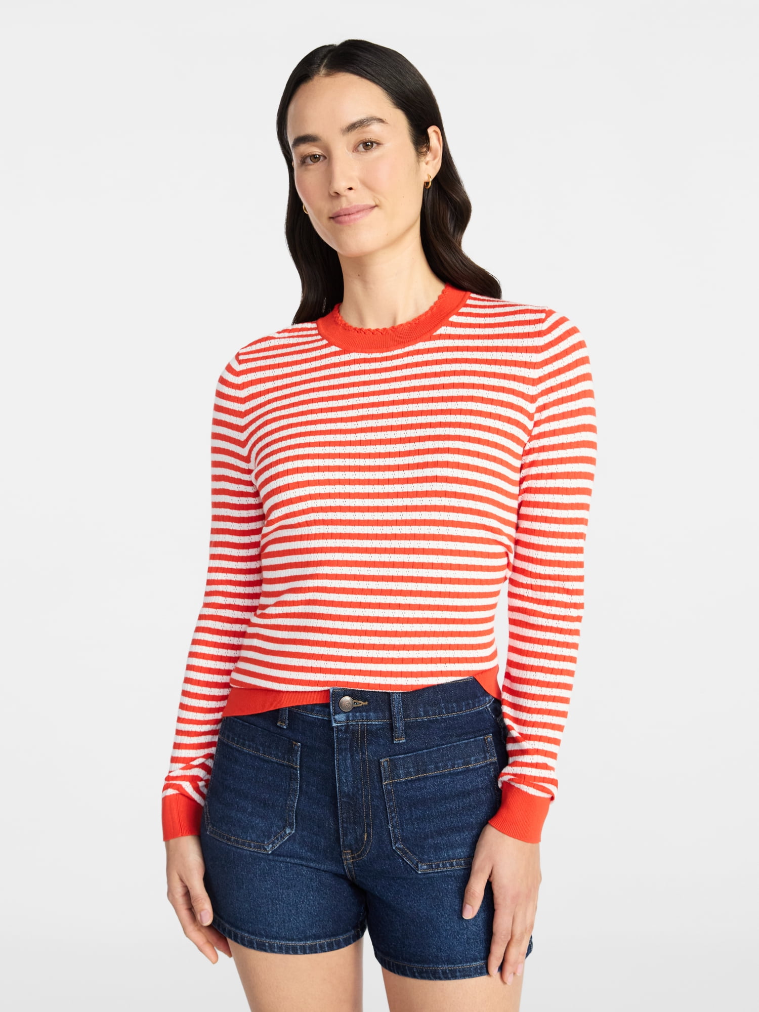 Time and Tru Women's Striped Pointelle Pullover Sweater with Long ...